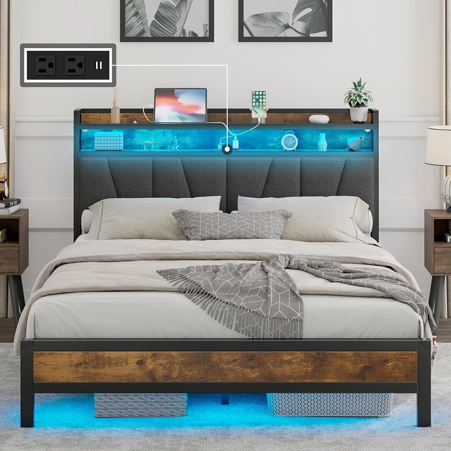 Queen Size Bed Frame with RGB Lights & Charging Station, LED Bed Frame ...