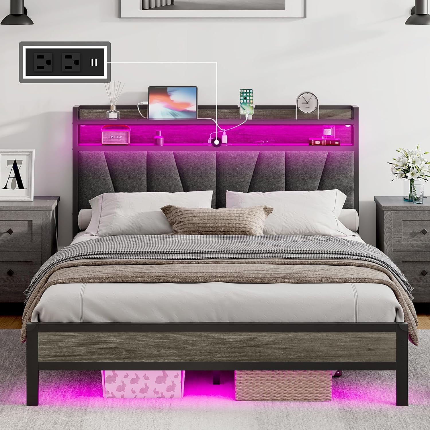 Queen Size Bed Frame with RGB Lights & Charging Station LED Bed Frame ...
