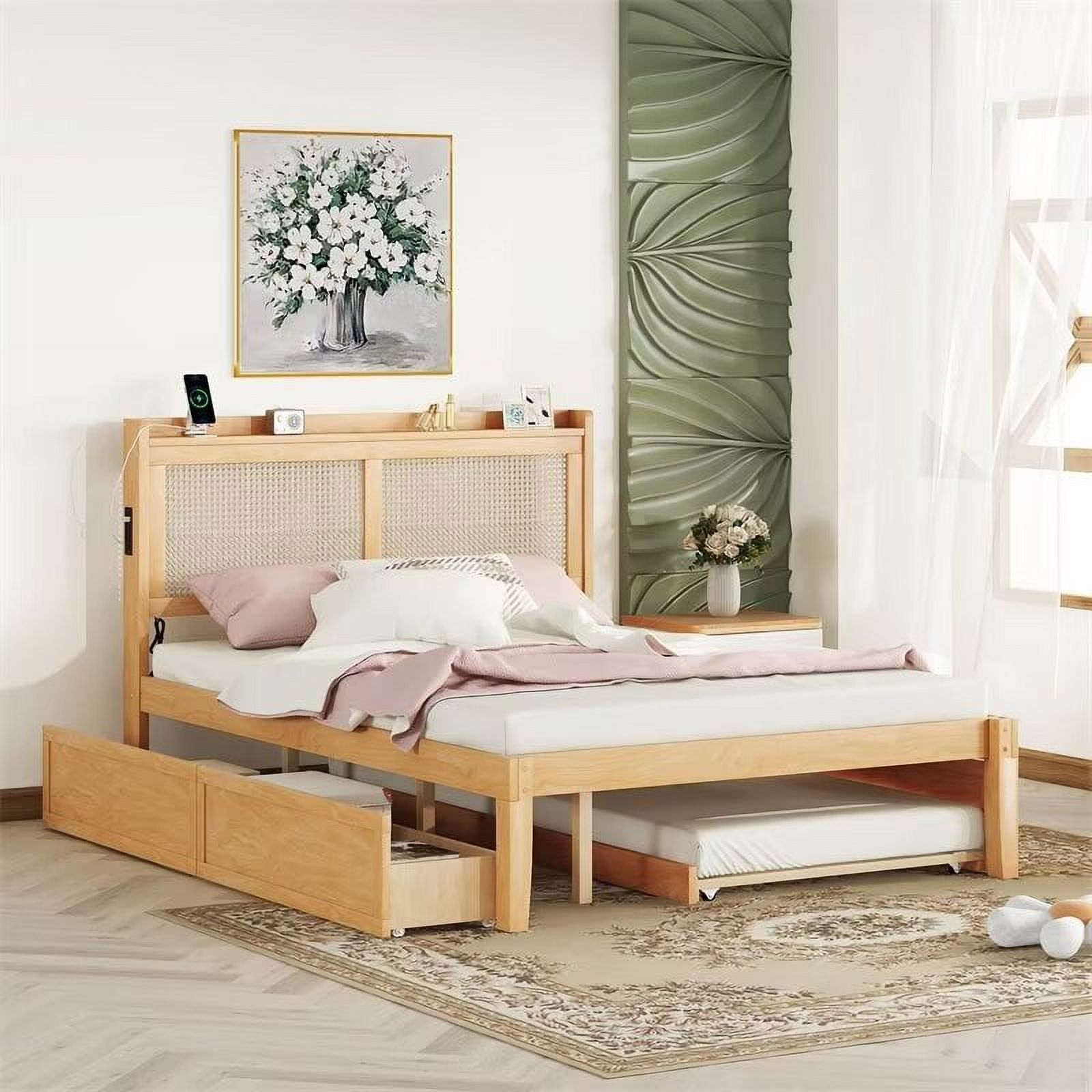Queen Size Bed Frame with Rattan Headboard and Sockets, Wood Platform ...