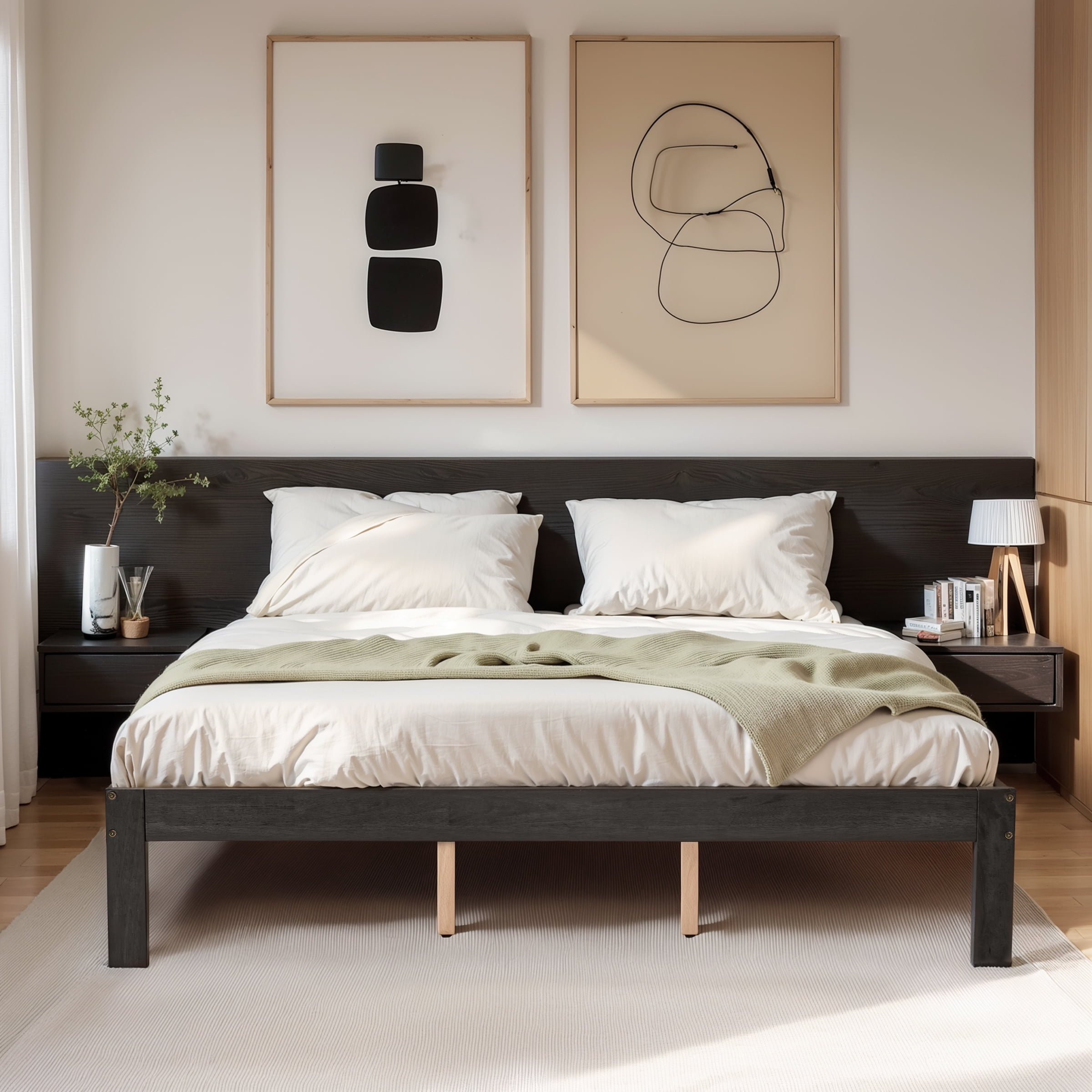Queen Size Bed Frame, Solid Wood Platform with Wood Slat Support, No ...
