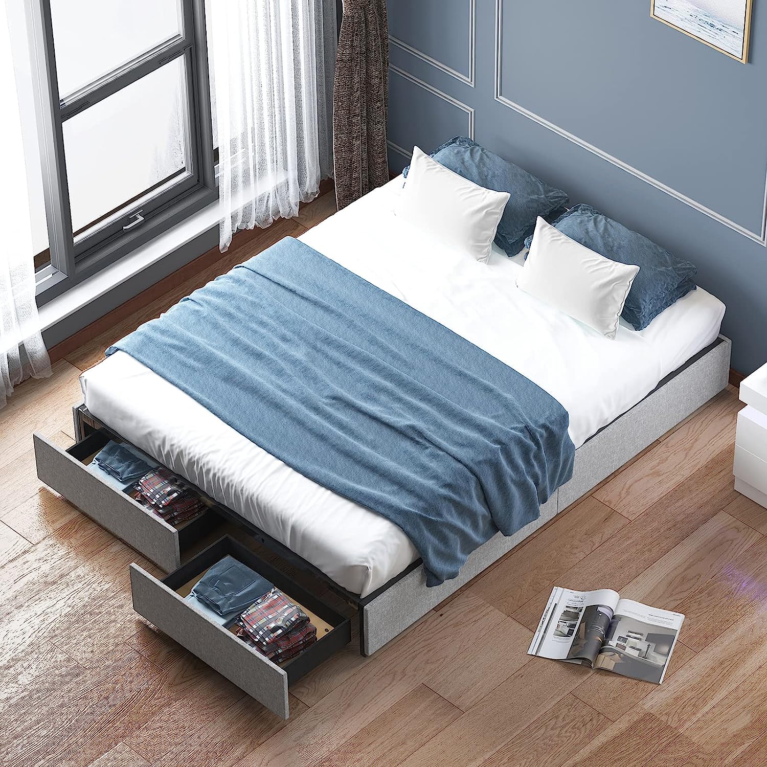 Queen Size Bed Frame with Storage Drawers Cotton Linen Fabric Queen ...