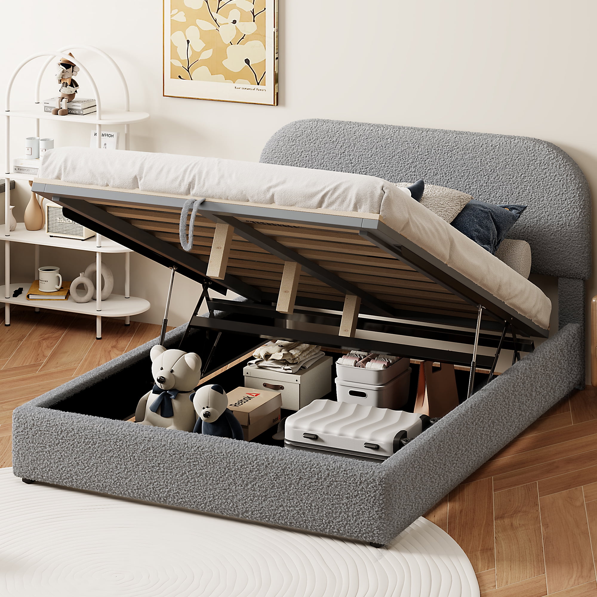 Queen Size Bed Frame Teddy Fleece Full Size Upholstered Platform Bed ...
