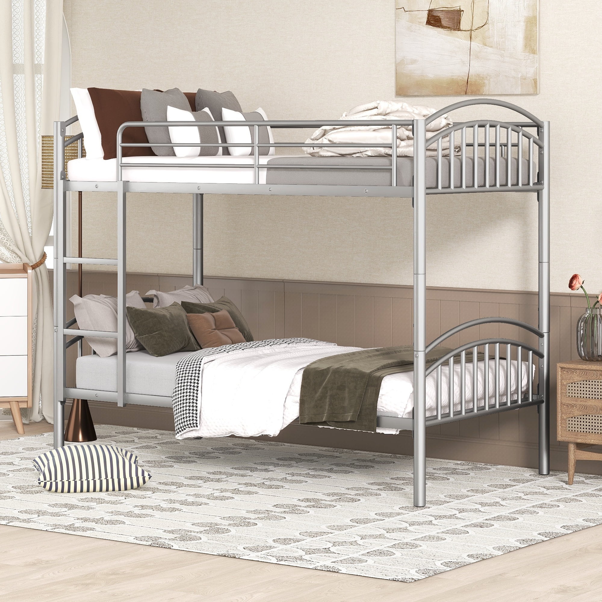 Queen Size Bed Frame Twin Over Twin Metal Bunk Bed,Divided into Two ...