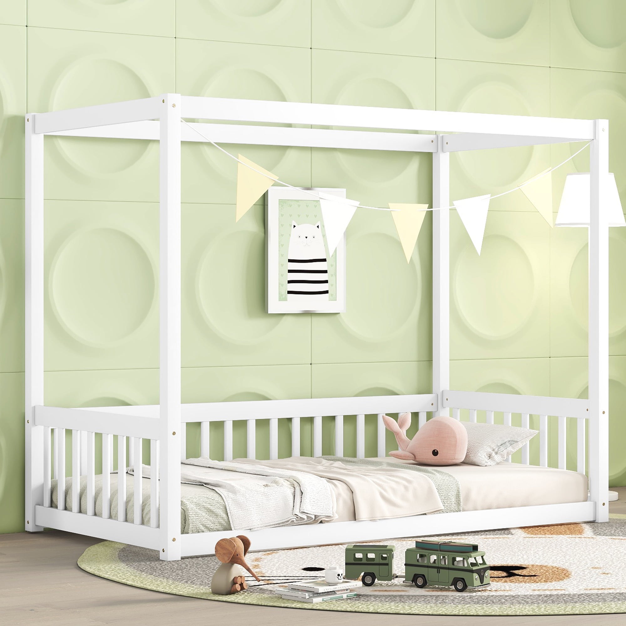 Queen Size Bed Frame Twin Size Canopy Frame Floor Bed with Fence ...