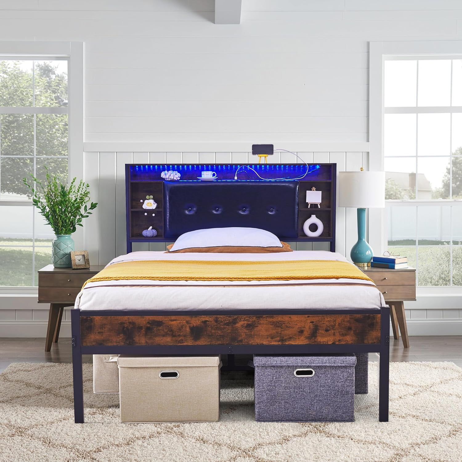 Queen Size Bed Frame, Upholstered Metal Platform Bed Frame with Hidden ...