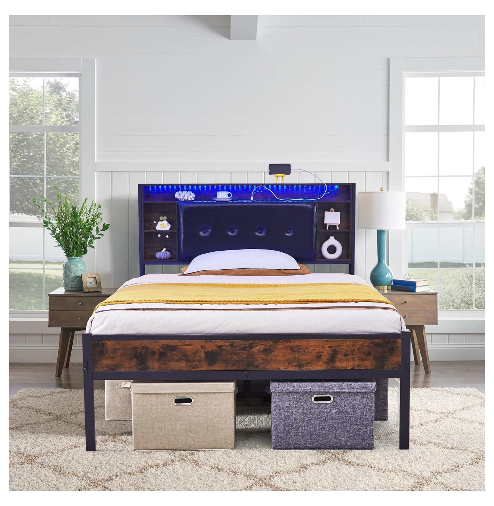 Queen Size Bed Frame, Upholstered Metal Platform Bed Frame with Hidden ...