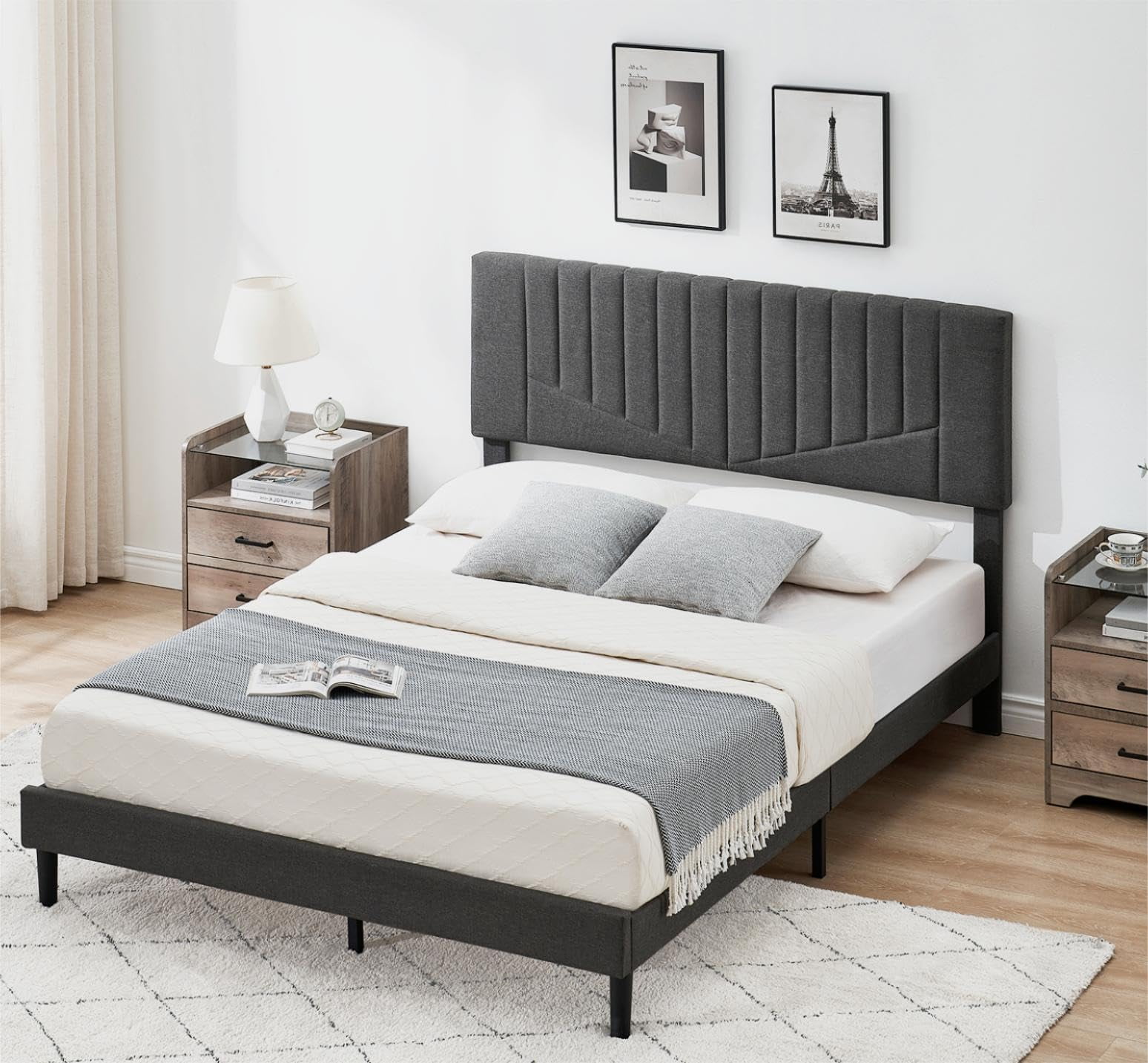 Queen Size Bed Frame Upholstered Platform with Headboard, Adjustable ...