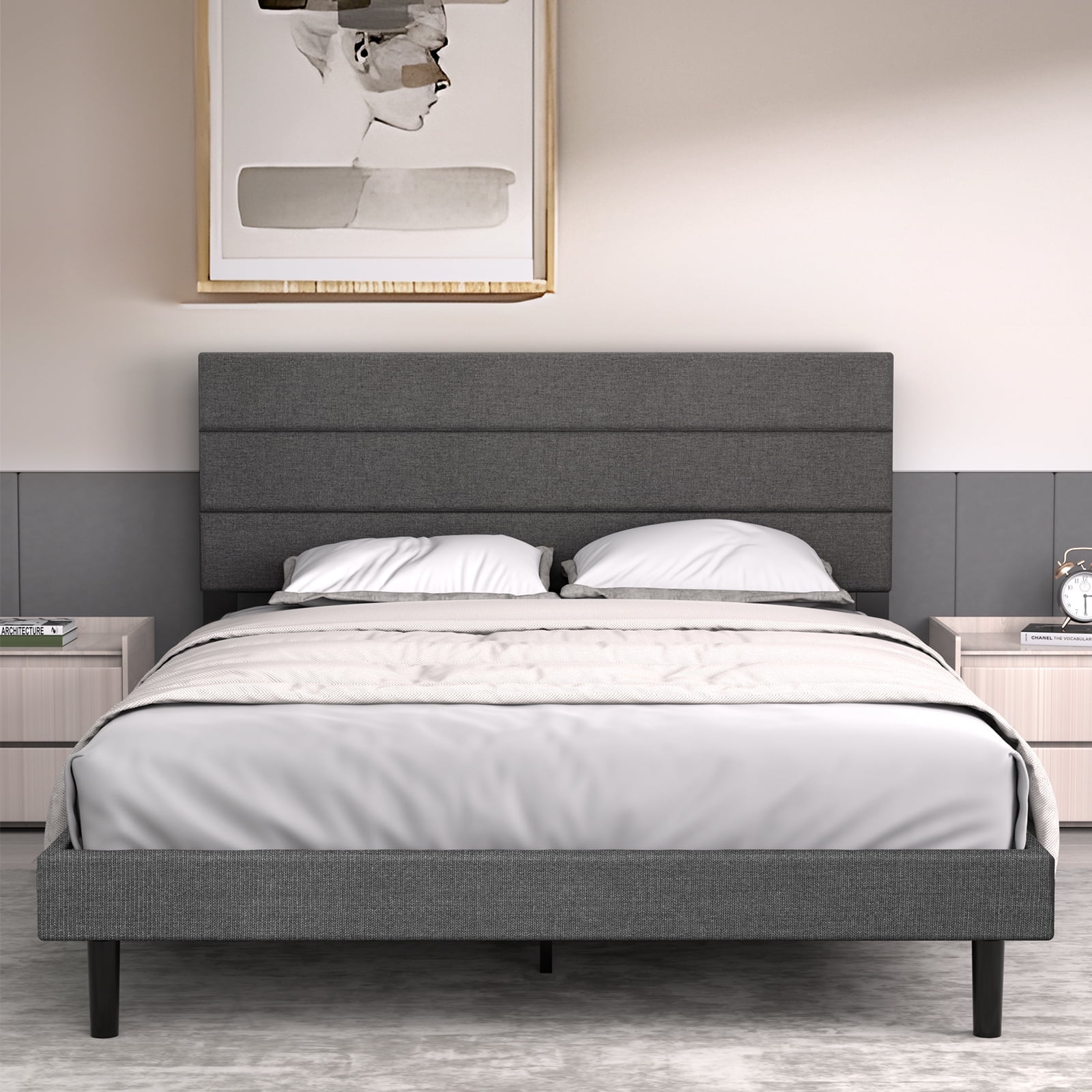 Queen Size Bed Frame Upholstered Platform with Headboard, Linen Fabric ...
