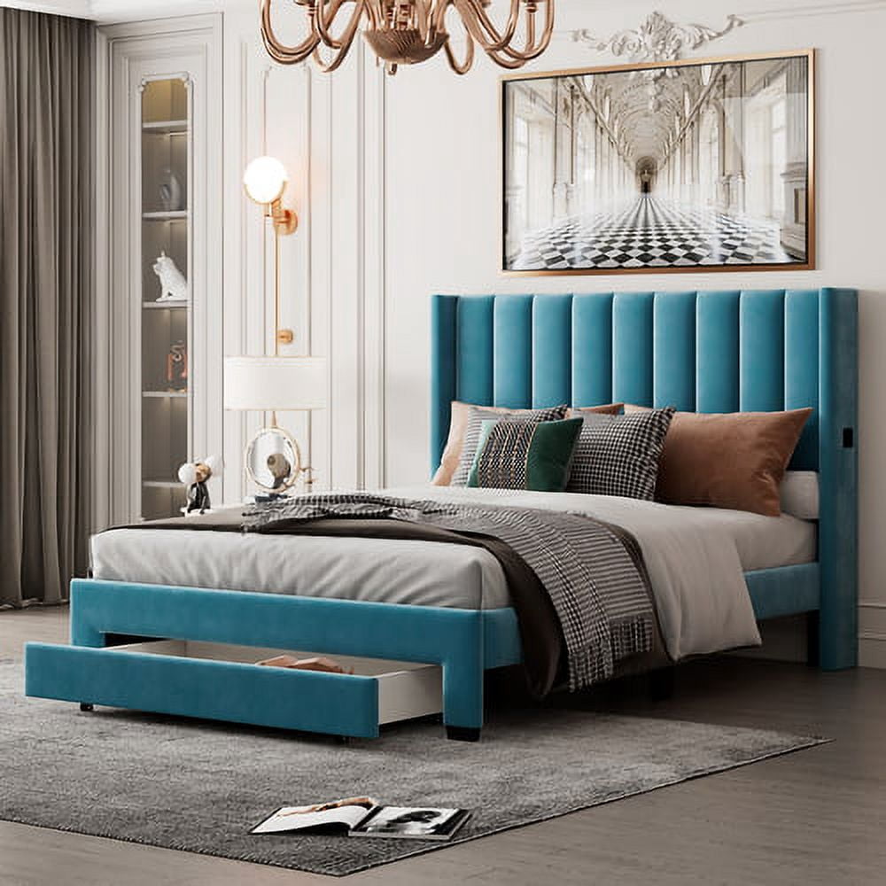 Queen Size Bed Frame, Velvet Upholstered Platform Bed Frame with ...