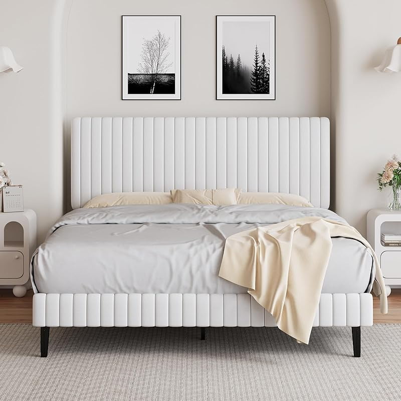 Queen Size Bed Frame, Velvet Upholstered Platform Bed with Vertical ...