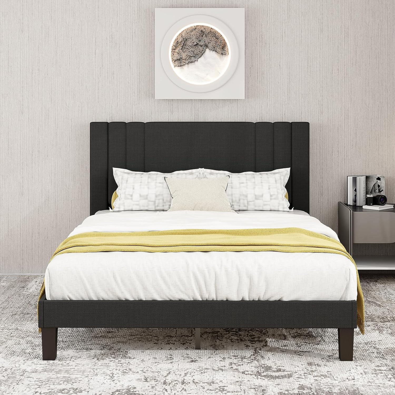 Queen Size Bed Frame Velvet Upholstered Platform with Headboard Beige ...