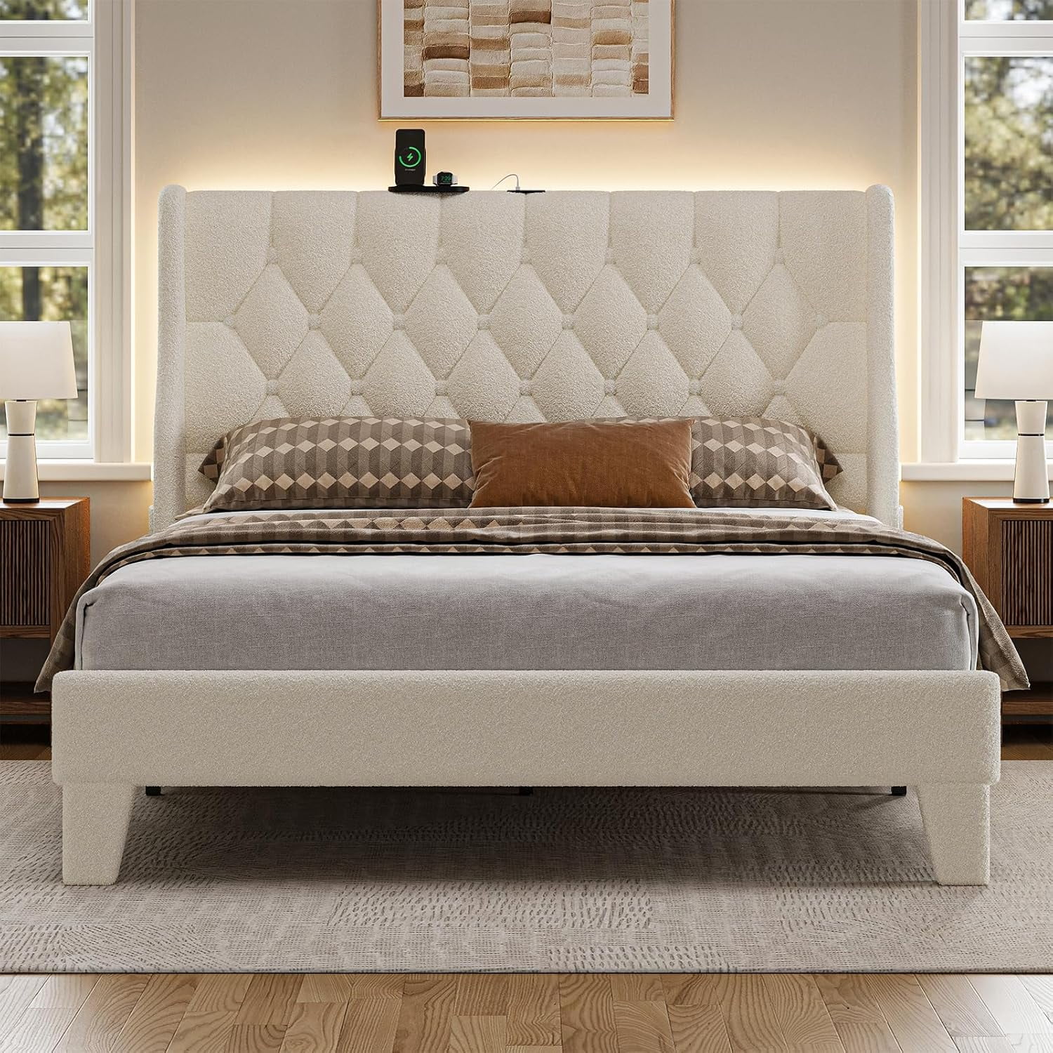 Queen Size Bed Frame White Platform Bed Frame with Type-C and USB Ports ...