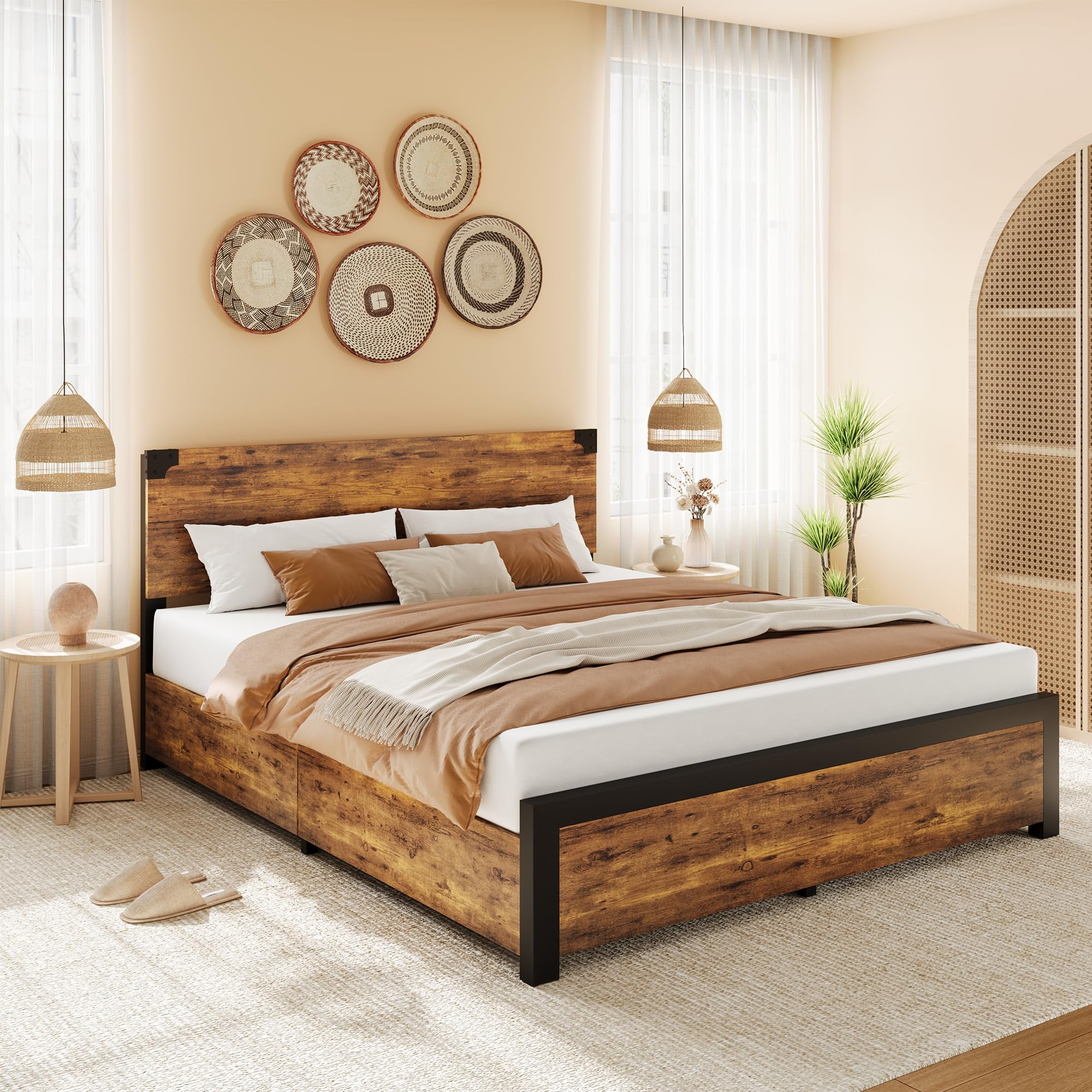 Queen Size Bed Frame with Wood Headboard, King Platform Bed Frame with ...