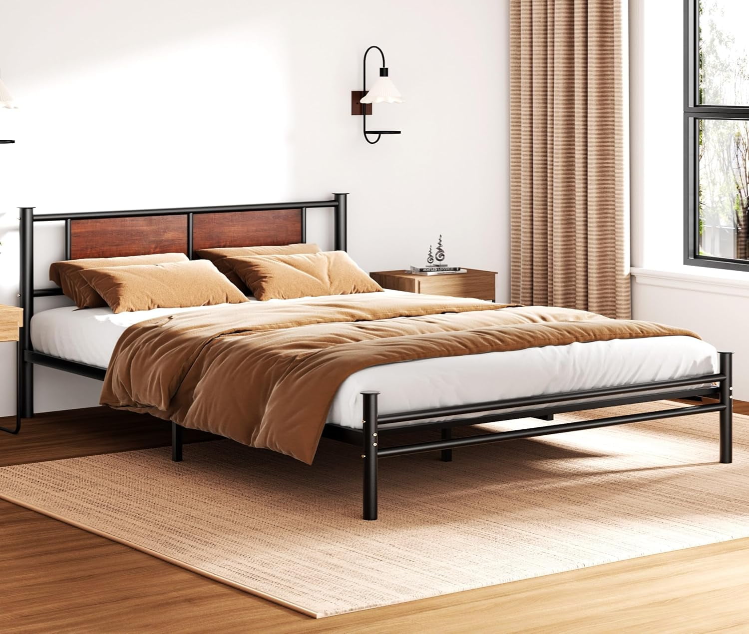 Queen Size Bed Frame with Wooden Headboard, Heavy Duty Platform Bed ...