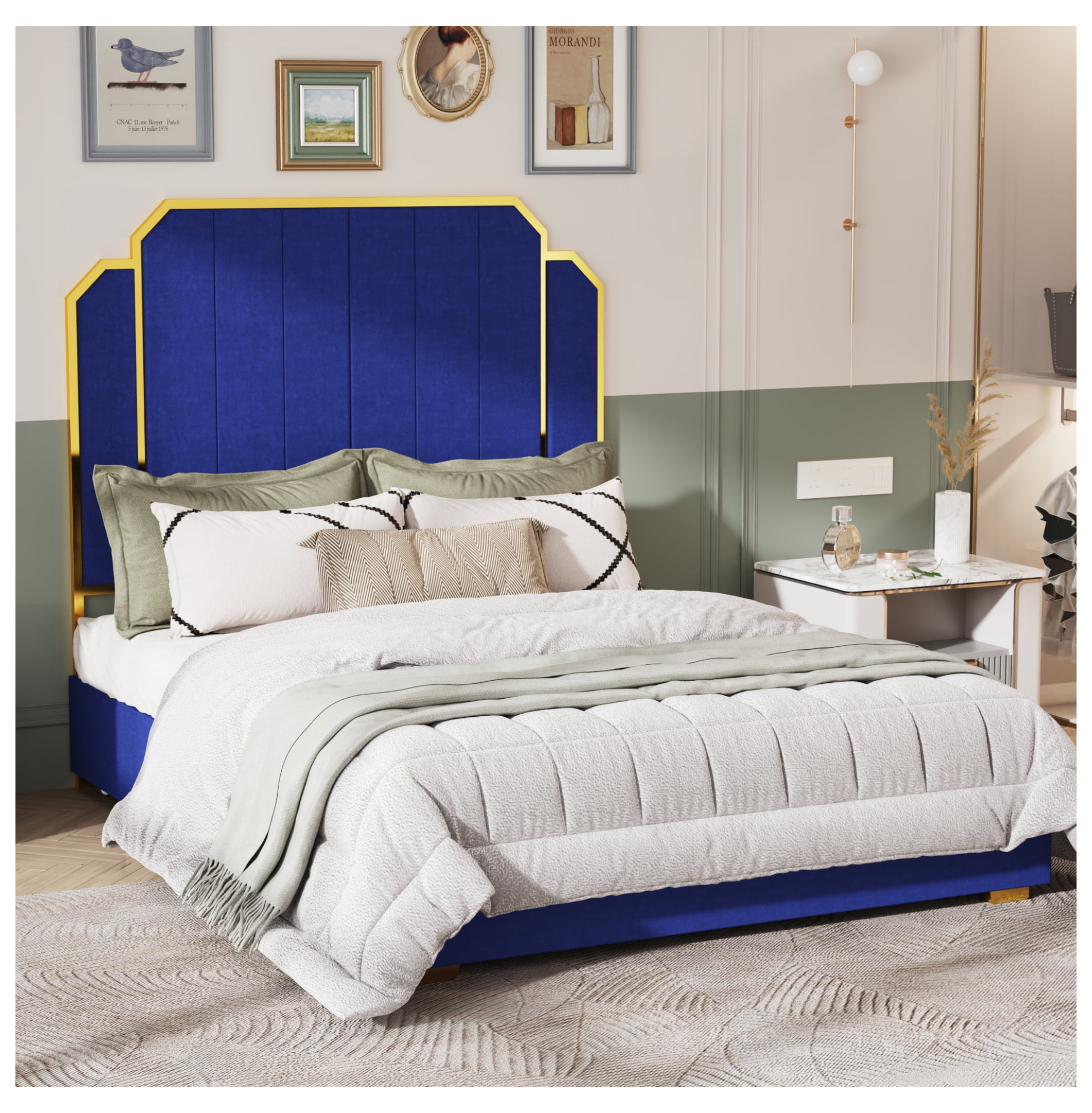 Queen Size Bed Frame and 59.06" Headboard, Upholstered Bed with Golden ...