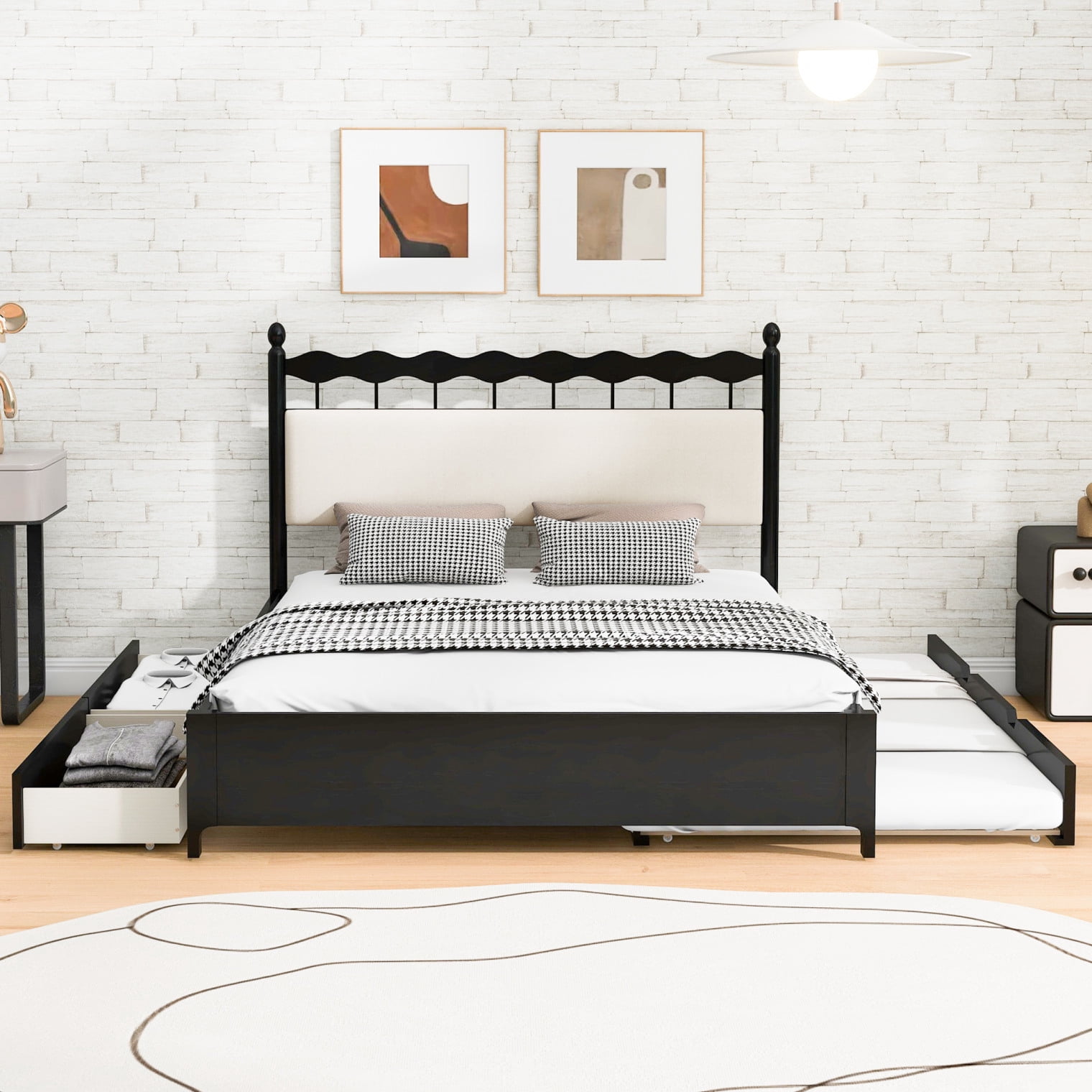Queen Size Bed Frame with 2 Big Drawers and Trundle,Wooden Storage ...