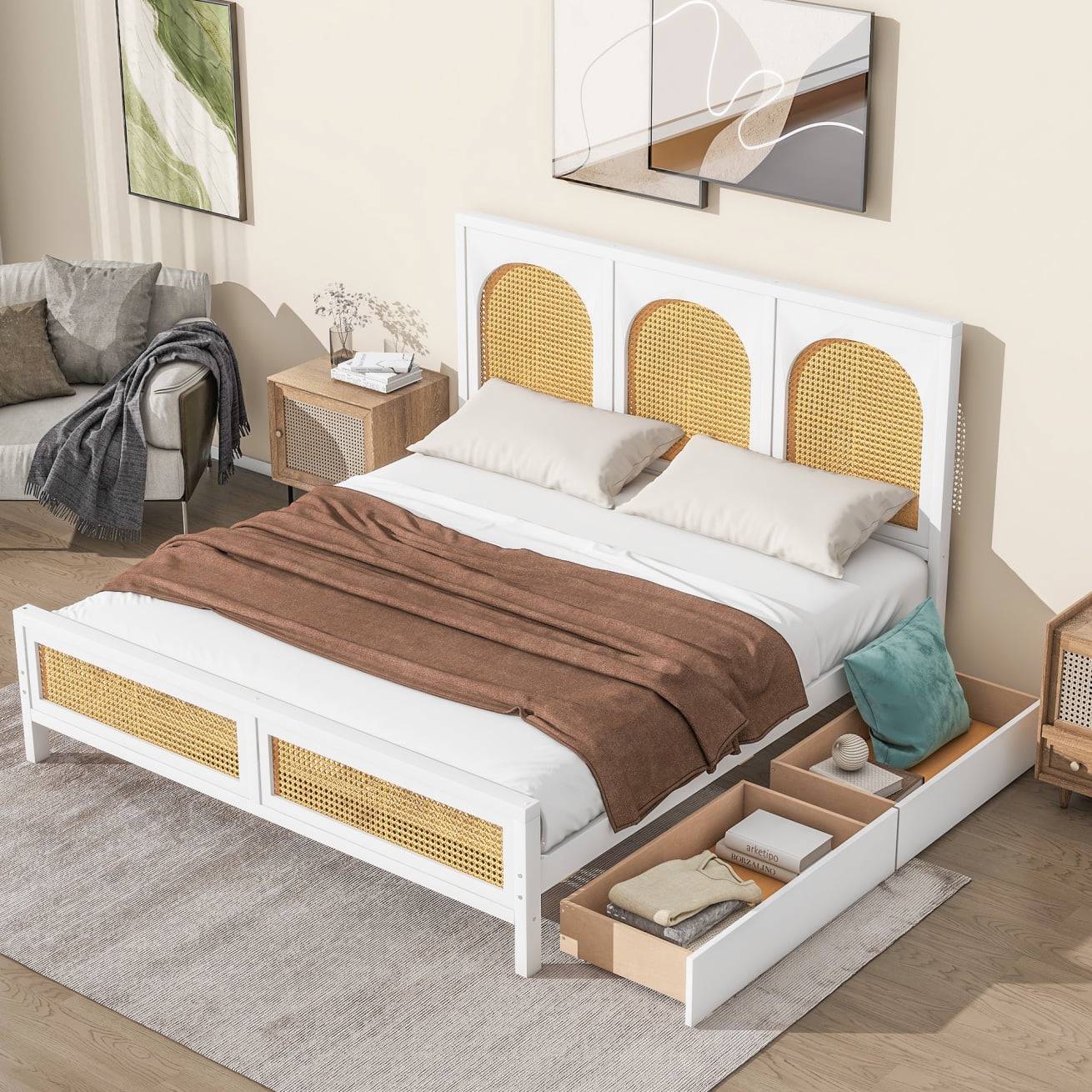 Queen Size Bed Frame with 2 Drawers, Wood Platform Bed with Rattan ...