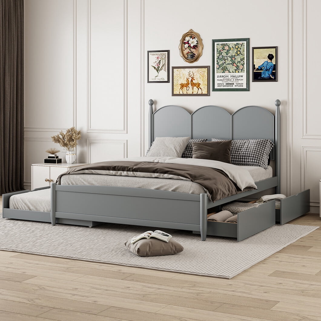 Queen Size Bed Frame with 2 Storage Drawers and Trundle,Wooden Platform ...