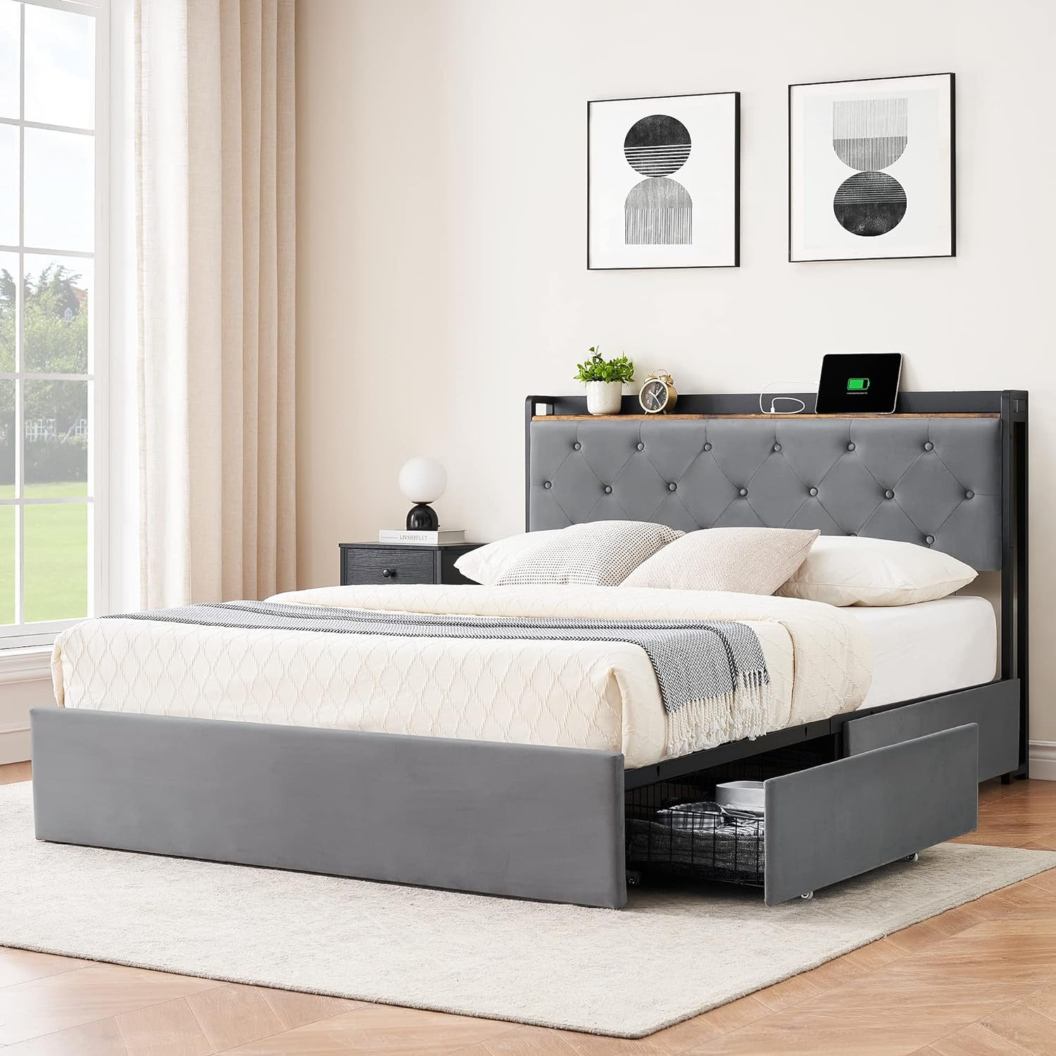 Queen Size Bed Frame with 4 Storage Drawers and Charging Station ...