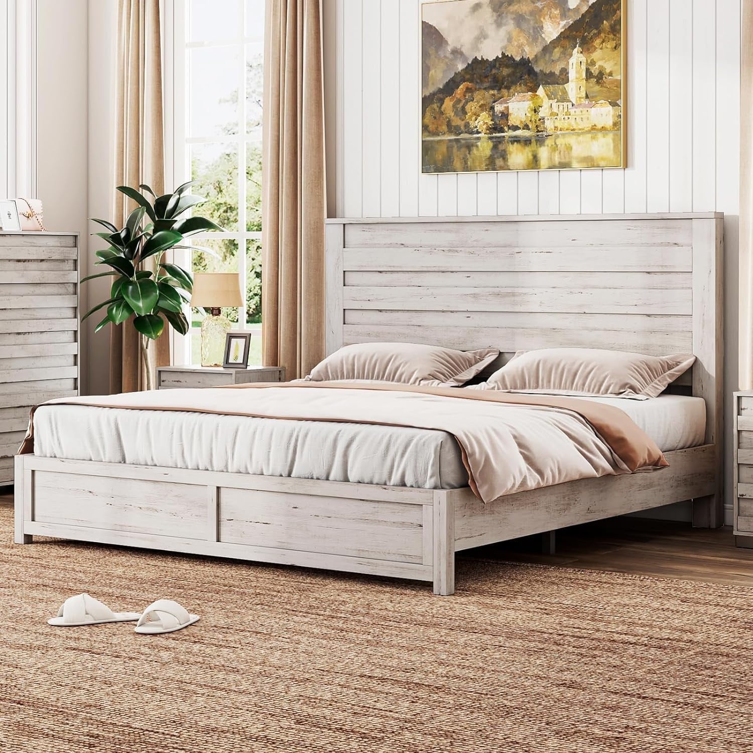 VANACC Queen Size Bed Frame with 49" Tall & Full-Panel Headboard ...