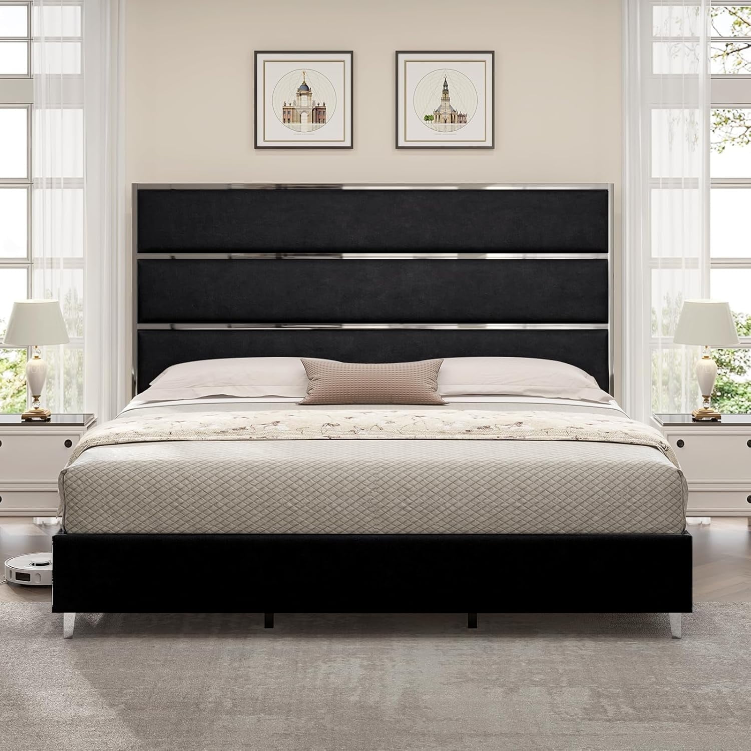 Queen Size Bed Frame with 59" Tall Headboard, Velvet Upholstered ...