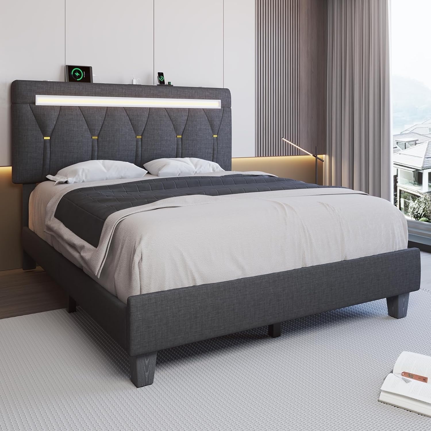 Holiway Bed Frame Queen Size with Upholstered Adjustable Headboard and ...