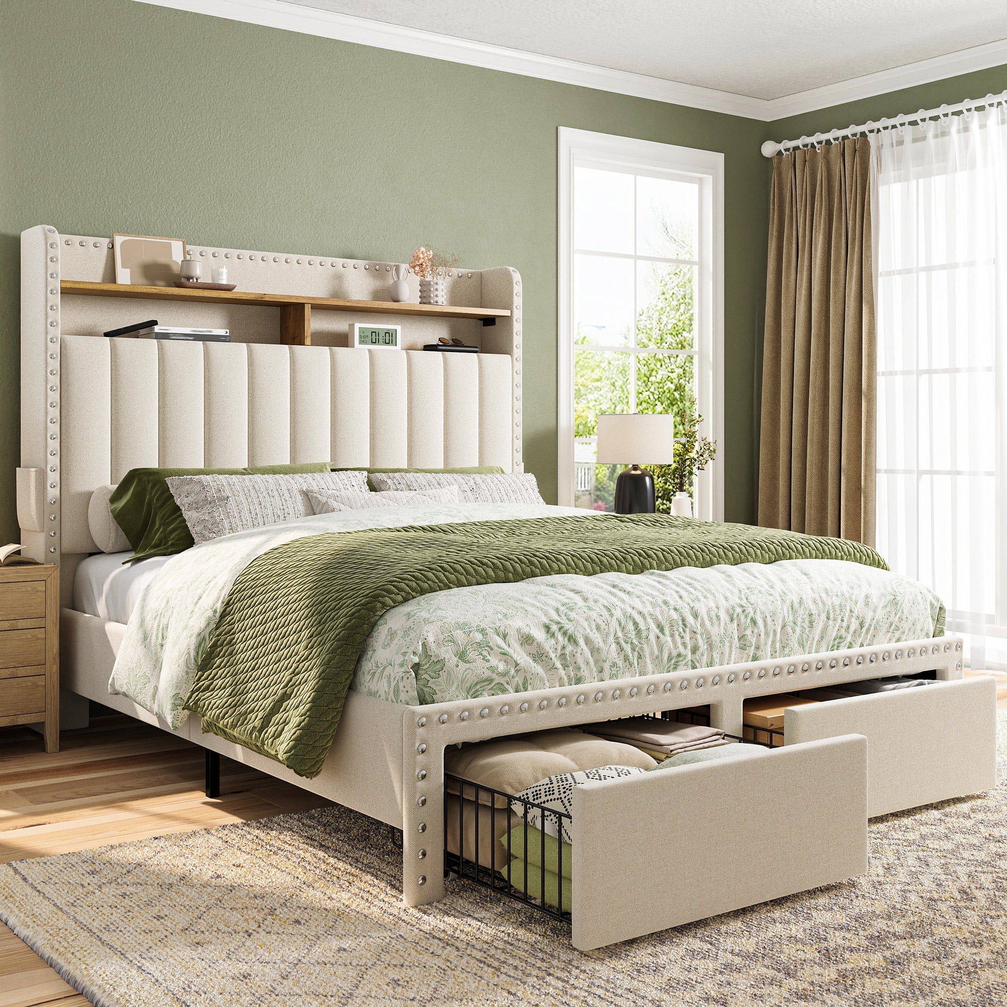 Queen Size Bed Frame with Headboard Bed Frame with 2 Drawers Bed Frame ...