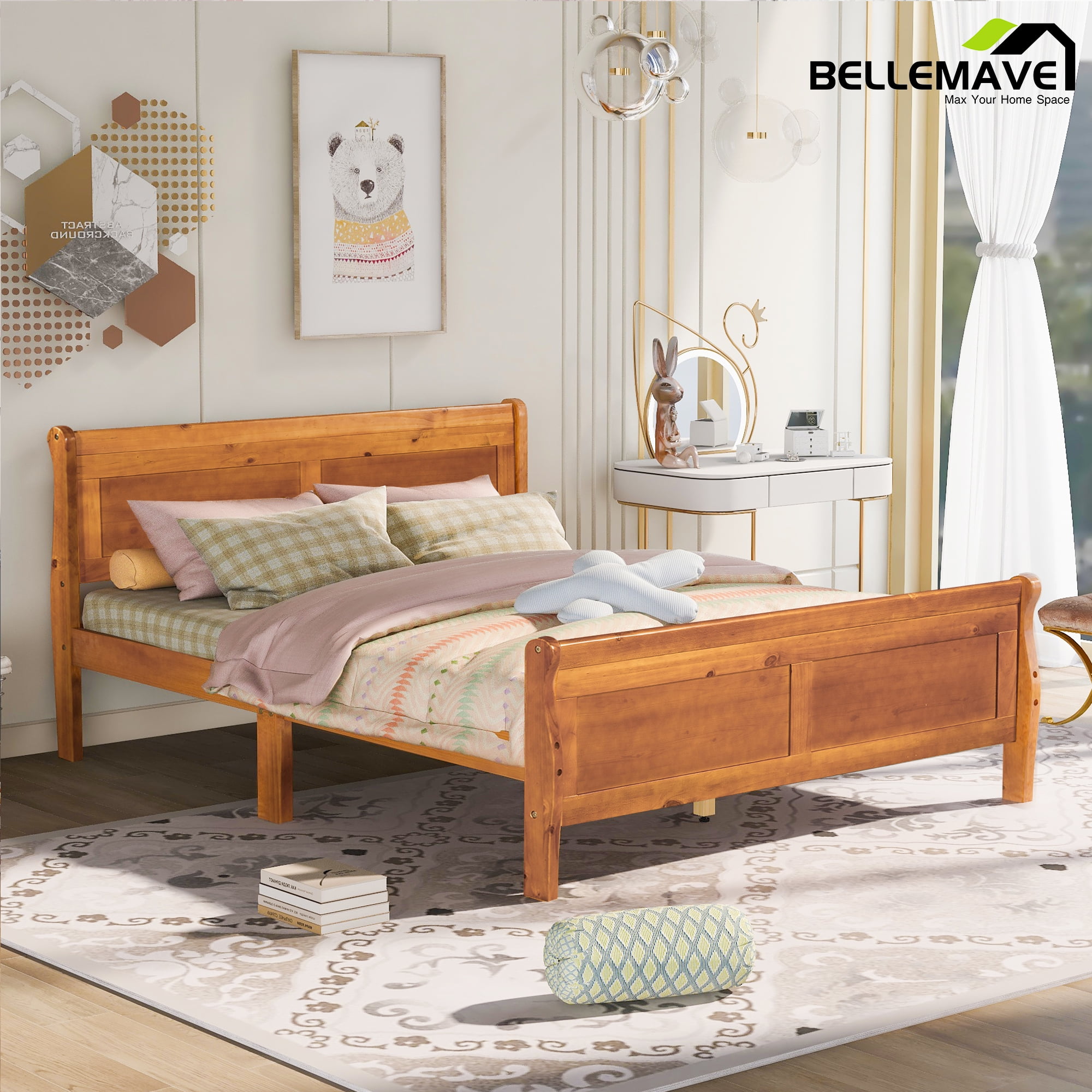 Queen Size Bed Frame with Headboard and Footboard, Kids Platform Bed ...