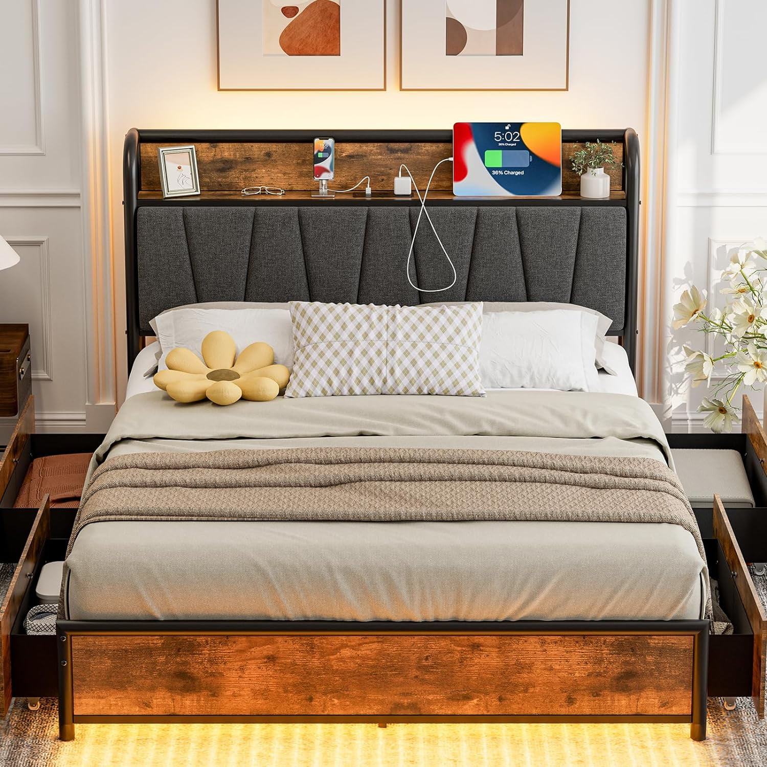 Queen Size Bed Frame with Headboard and Storage, 4 Drawers Platform Bed ...