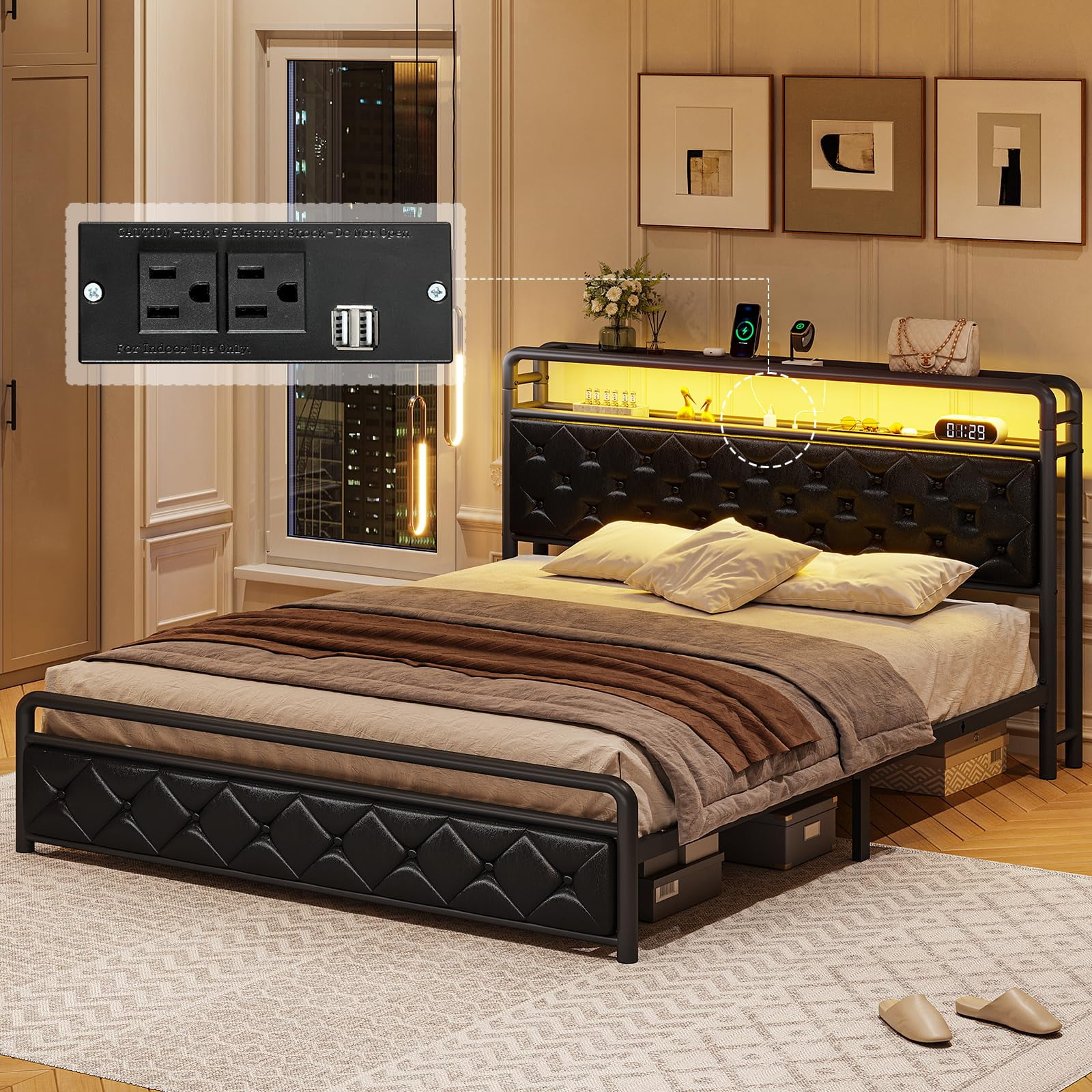 Queen Size Bed Frame with LED, USB Ports, Outlets, Diamond Tufting ...