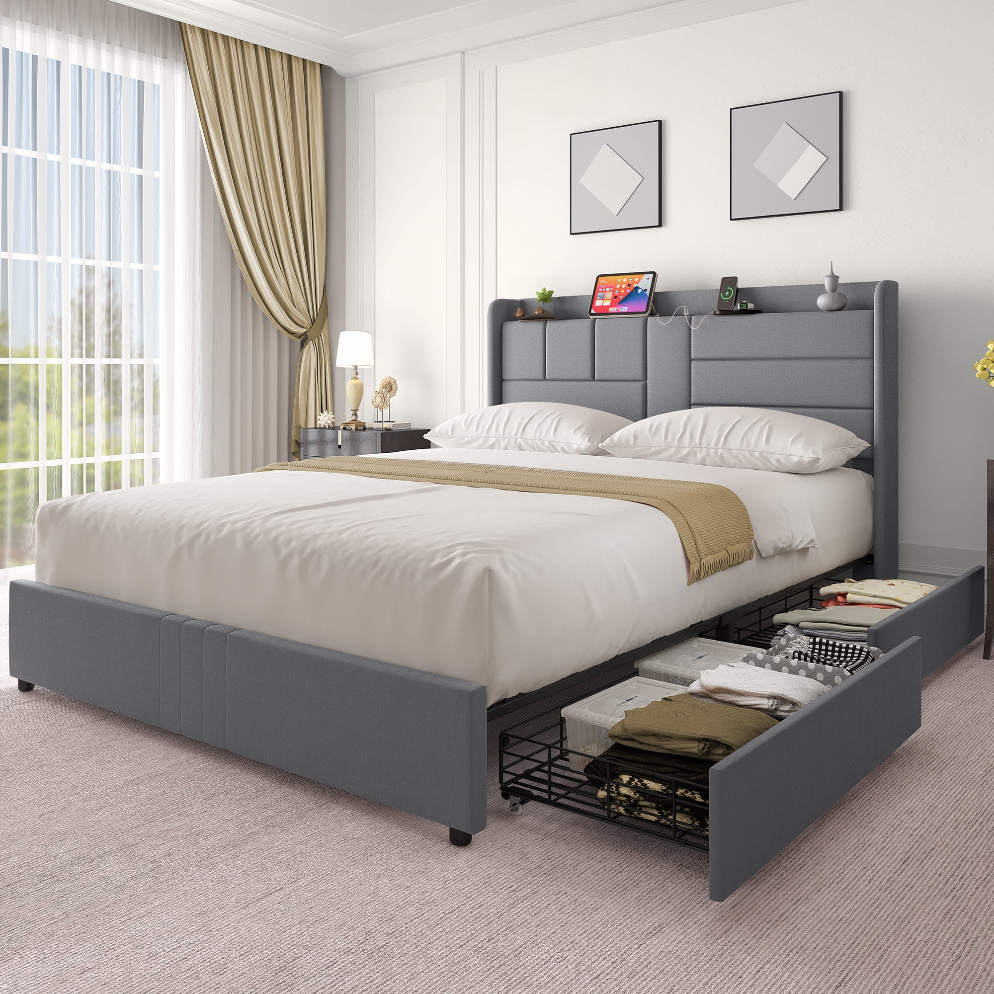 Queen Size Bed Frame with Storage Drawers & Charging Ports: Upholstered ...