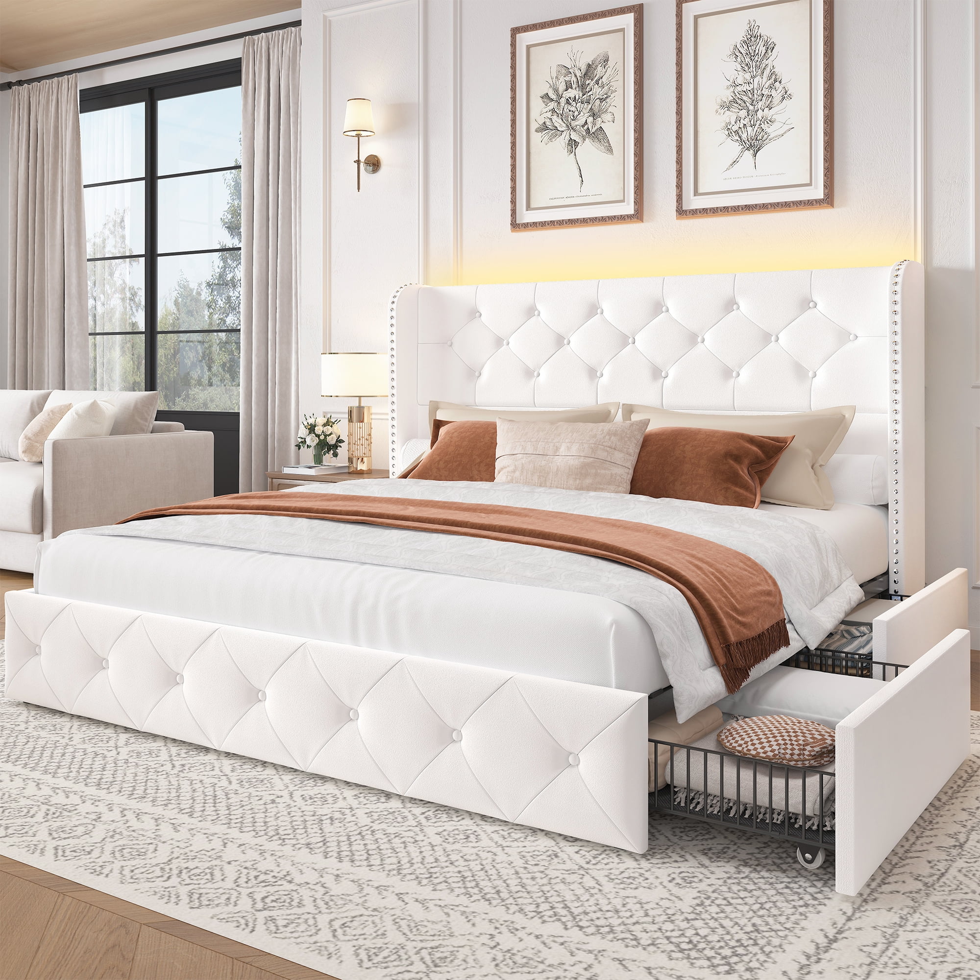 Queen Size Bed Frame with Storage Drawers and Tufted Headboard Velvet ...