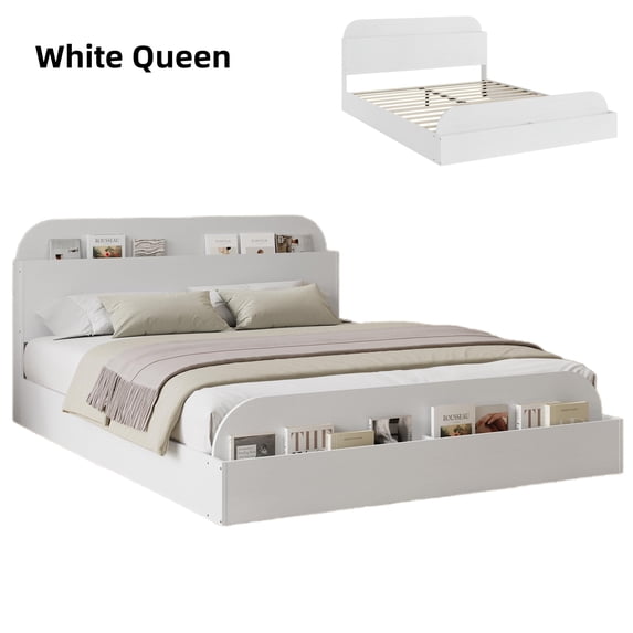 Queen Size Bed Frame with Storage Headboard and Raised-Foodboard, Floor ...