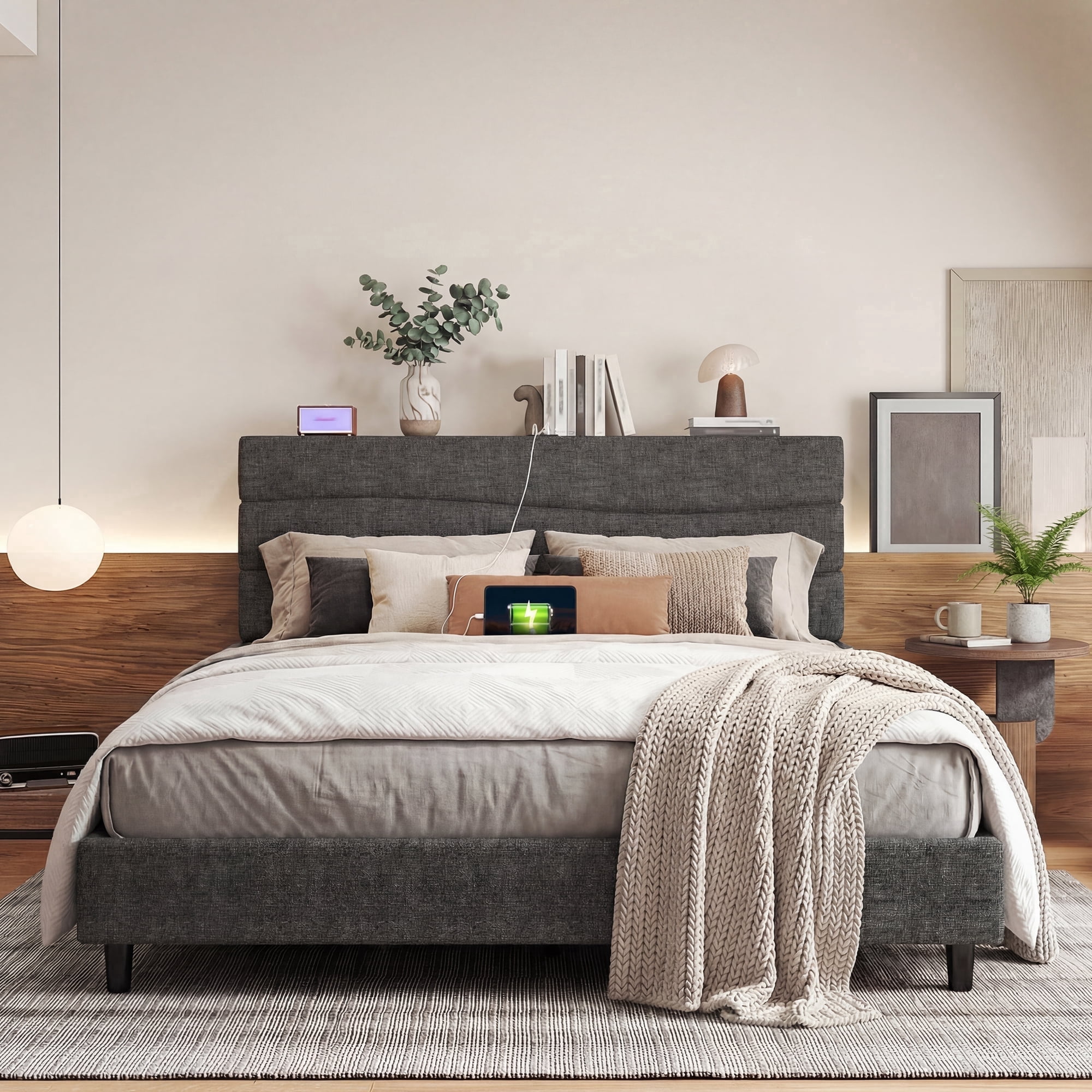 Queen Size Bed Frame with Storage Platform Upholstered Bed Frame with ...