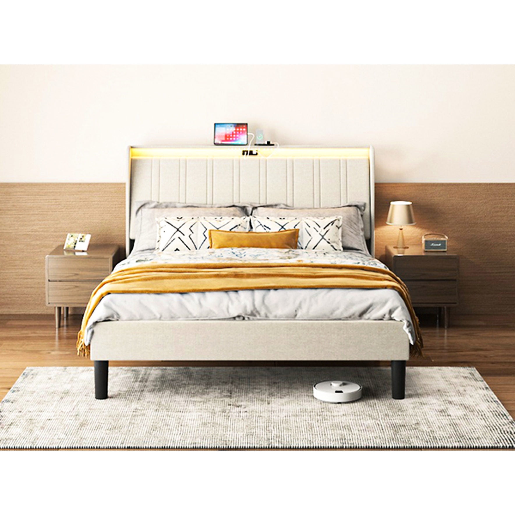 Queen Size Bed Frame with USB & AC Outlets / Bedroom Charging Solution ...