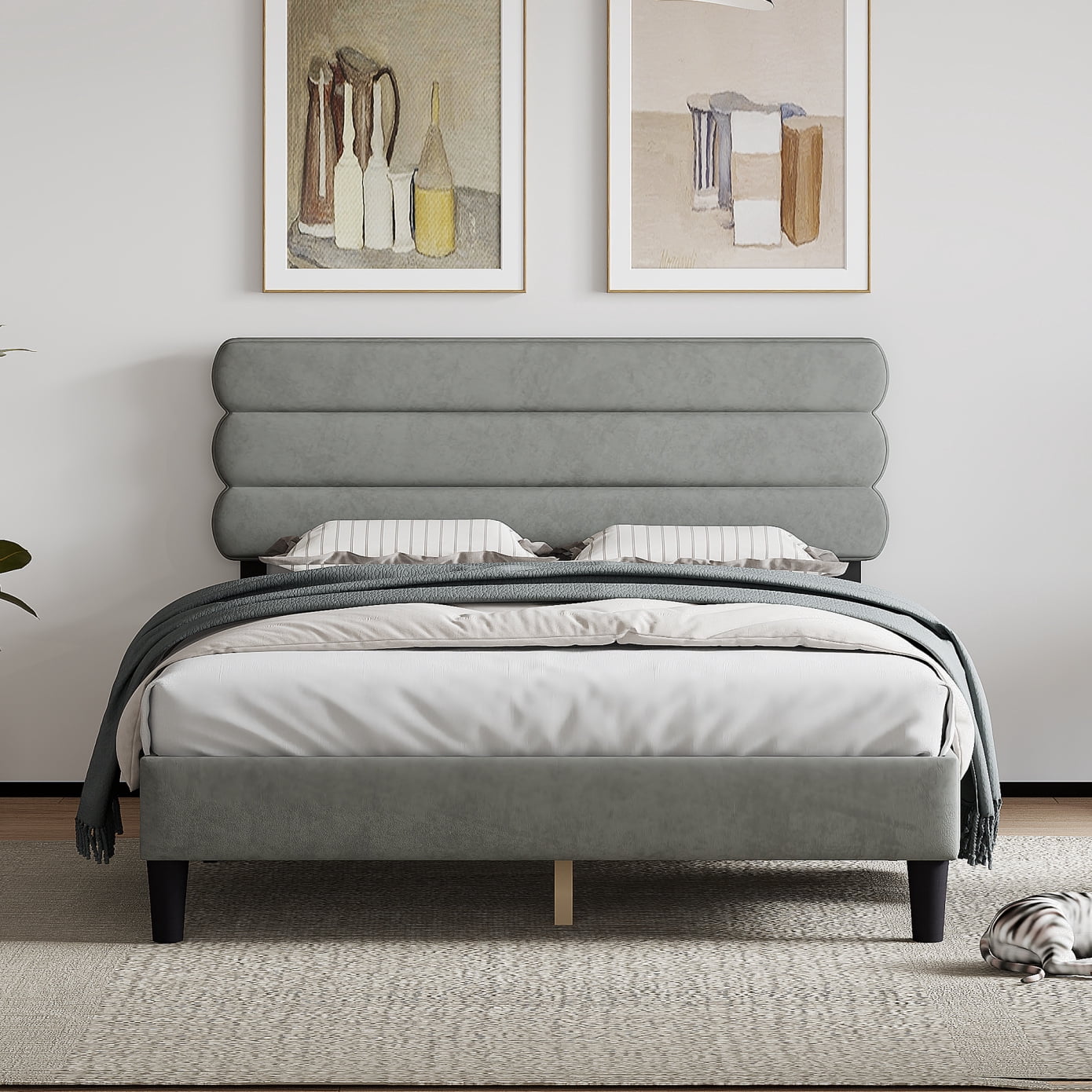 Queen Size Bed Frame with Upholstered Fabric Headboard,Mattress ...