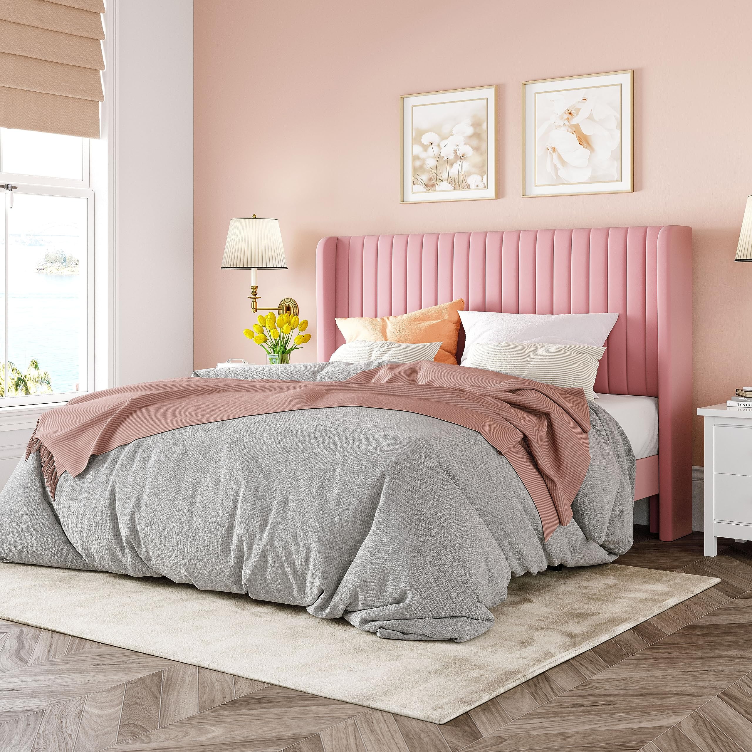 Queen Size Bed Frame with Velvet Upholstery, Vertical Tufted Wingback ...