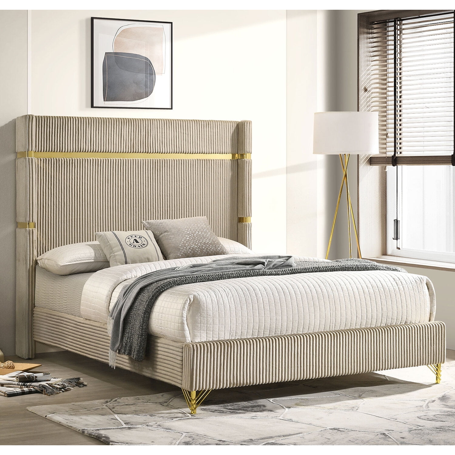 Queen Size Bed Frames, Malcolm Beige Upholstered Queen Wingback Bed ...