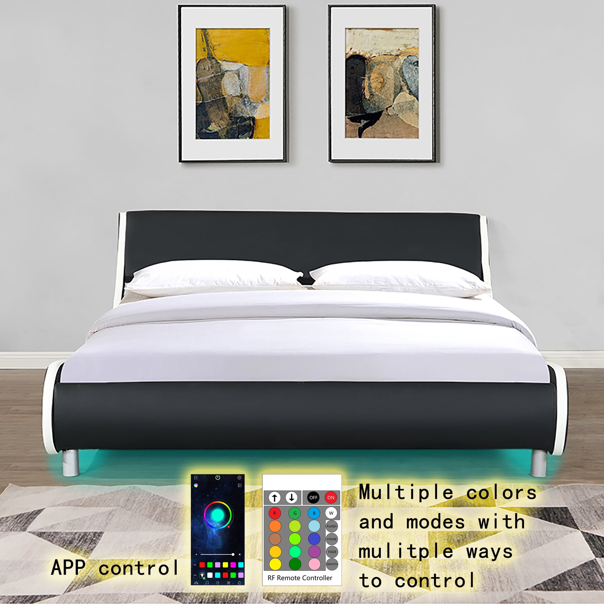 Queen Size Bed Frames, Wood Leather Bed with Backrest LED Lighting ...
