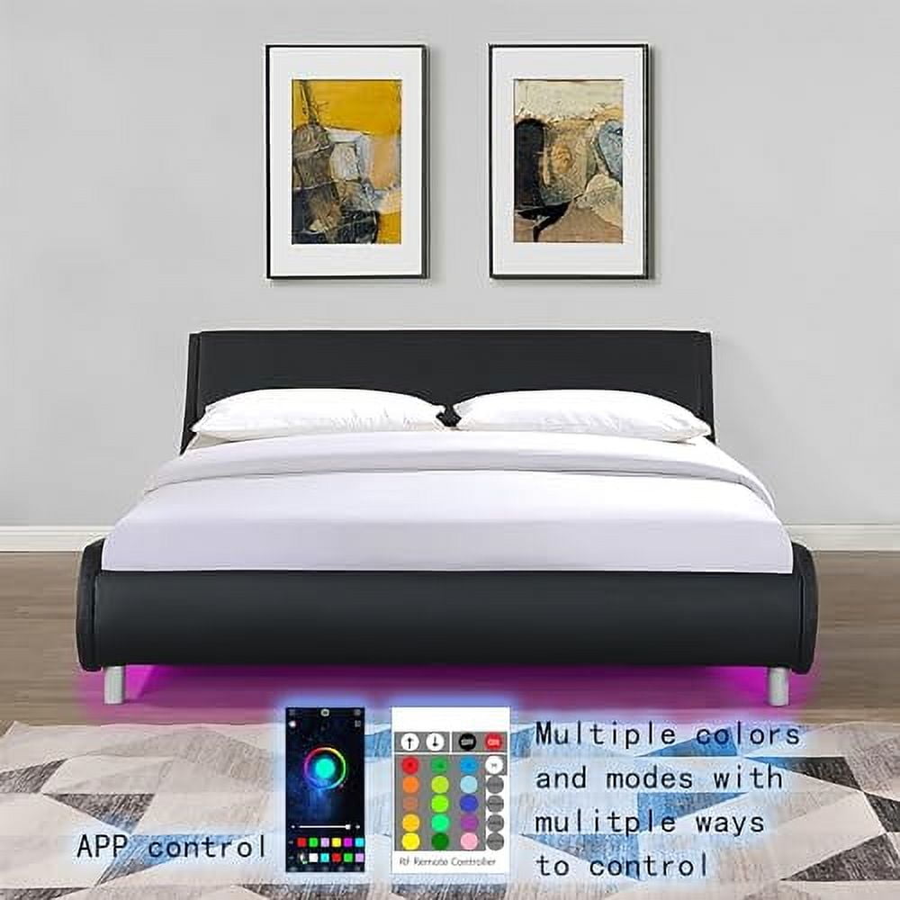 Queen Size Bed Frames, Wood Leather Bed with Backrest LED Lighting ...