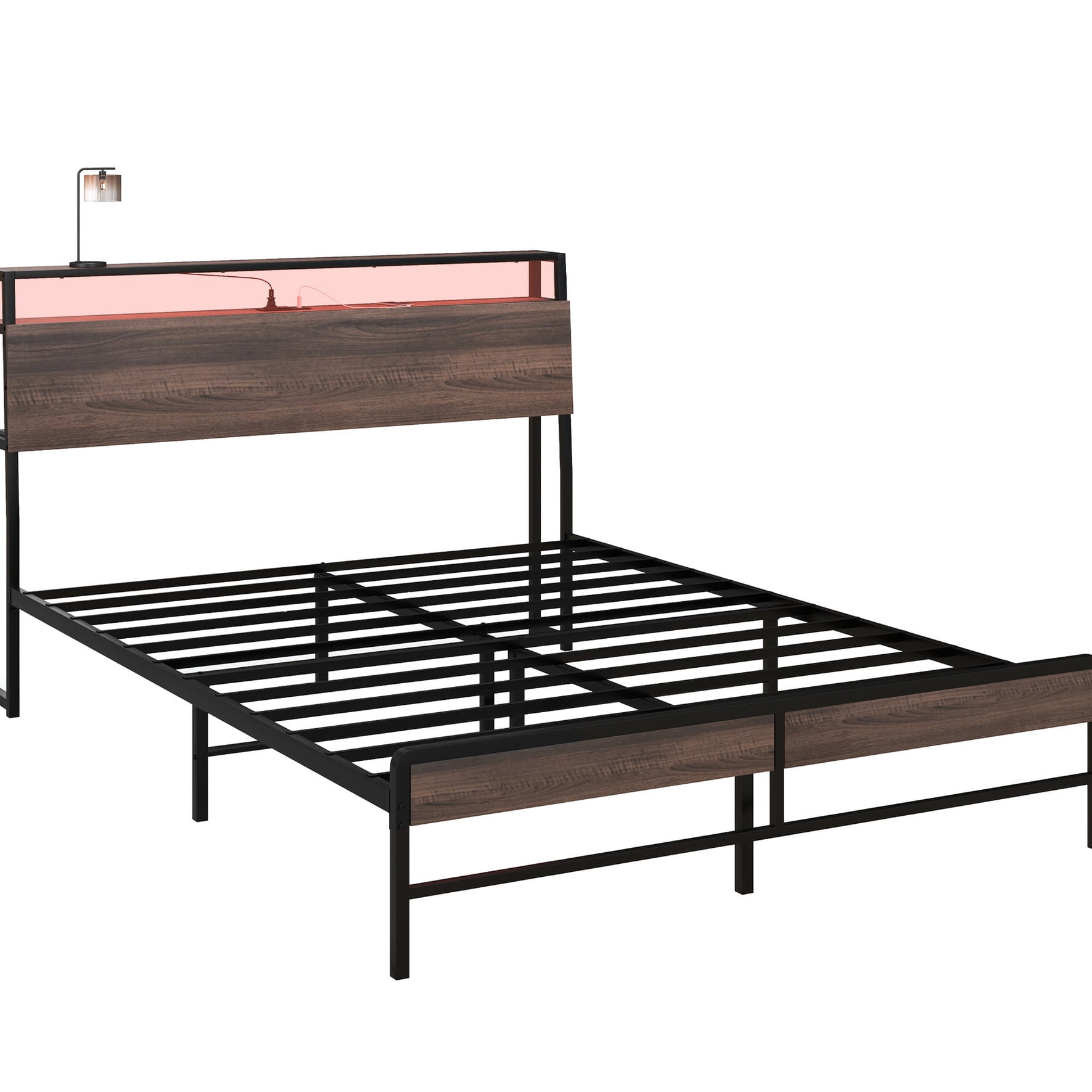 Queen Size Bed With Headboard, Platform Frame Led Lights & Charging ...