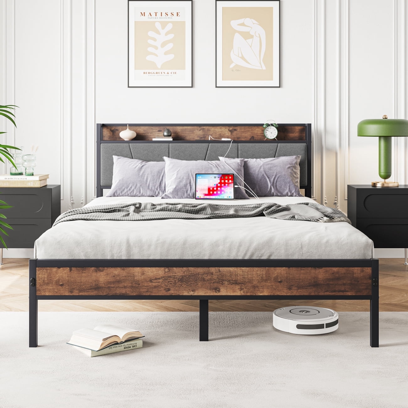 Queen Size Bed with Storage Headboard & Charging Station,Modern ...