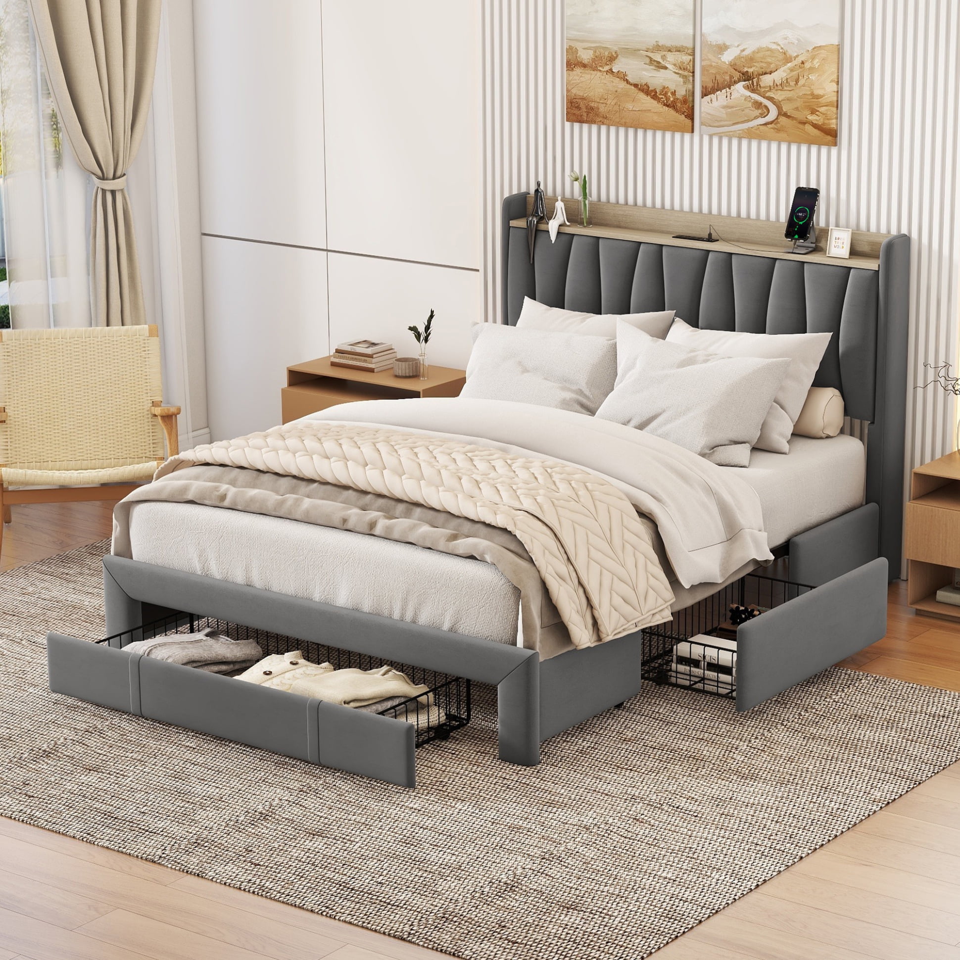 Queen Size Bed with Storage Headboard and Charging Station, Upholstered ...