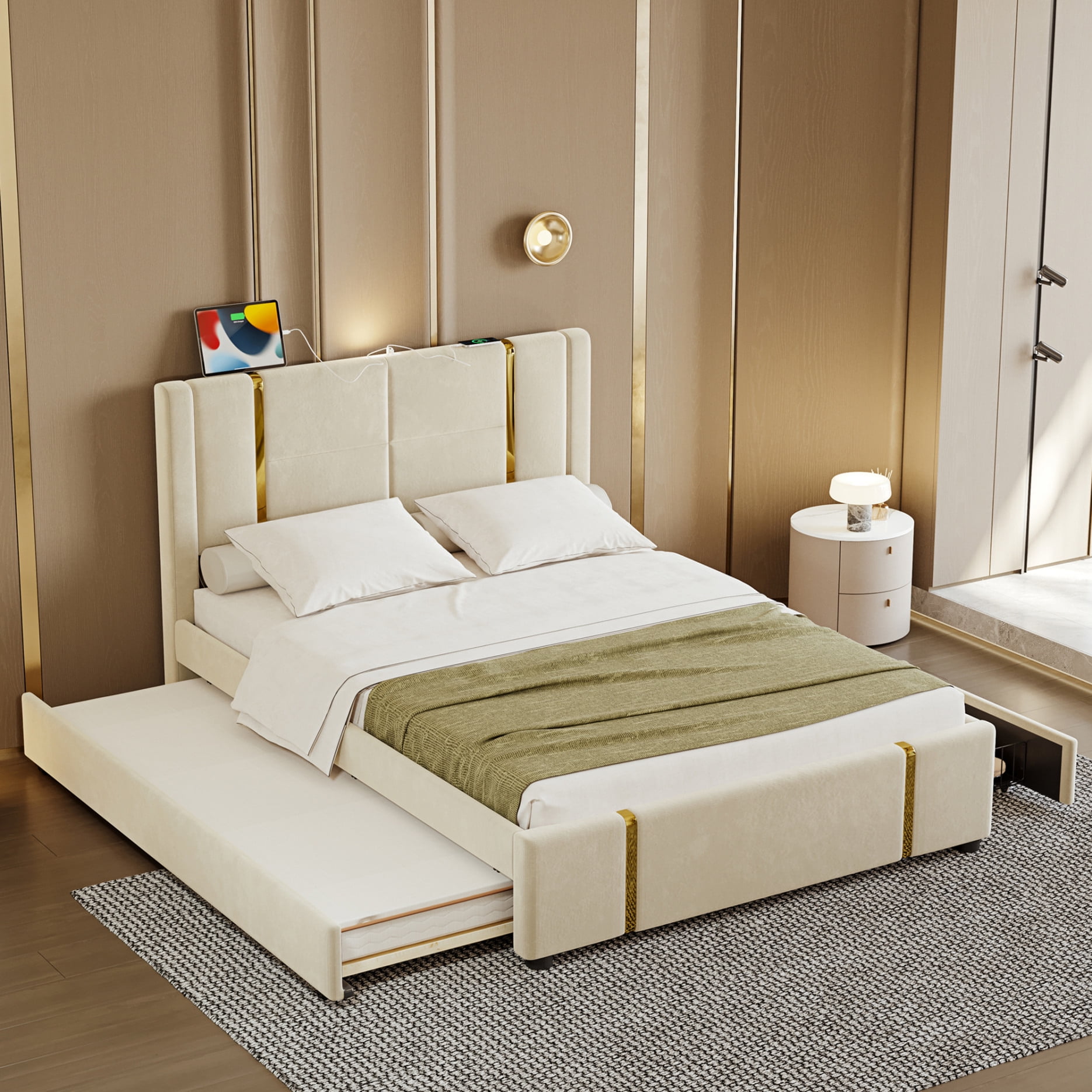 Queen Size Bed with USB Ports & Night Light, Upholstered Velvet ...