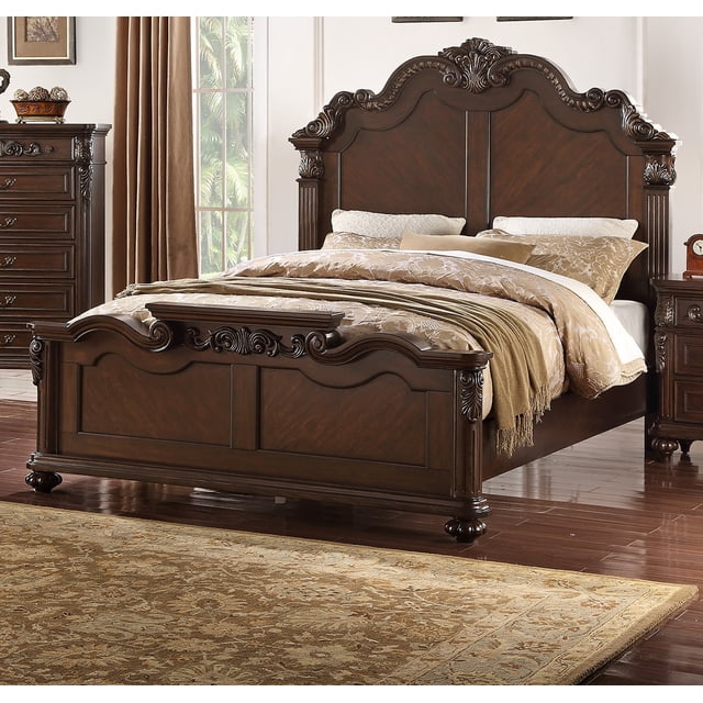 Queen Size Bed Unique Carving HB FB Dark Brown Wooden Bedframe Formal ...