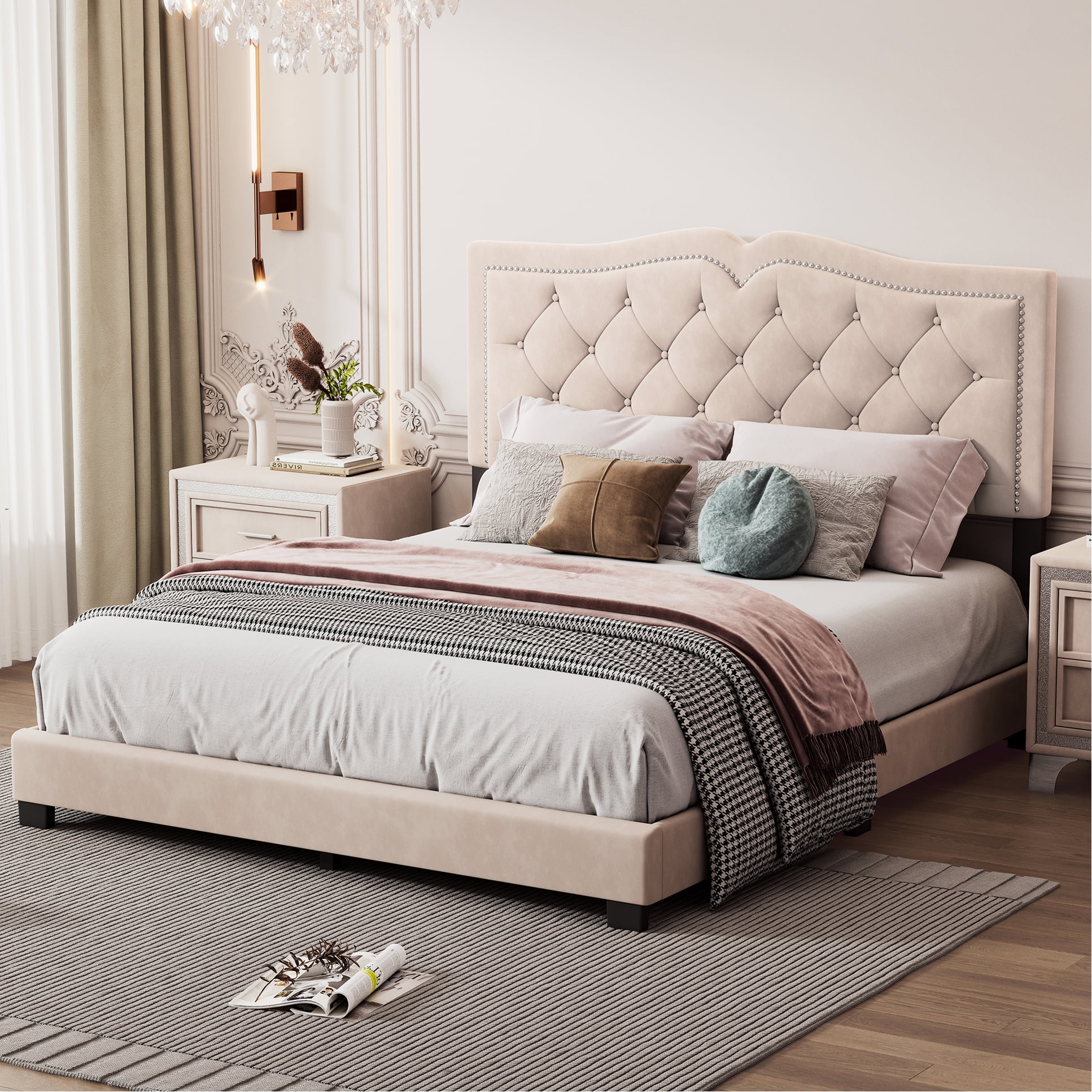 Queen Size Bed With Upholstered Beige Velvet, Headboard And Rivet Trim ...