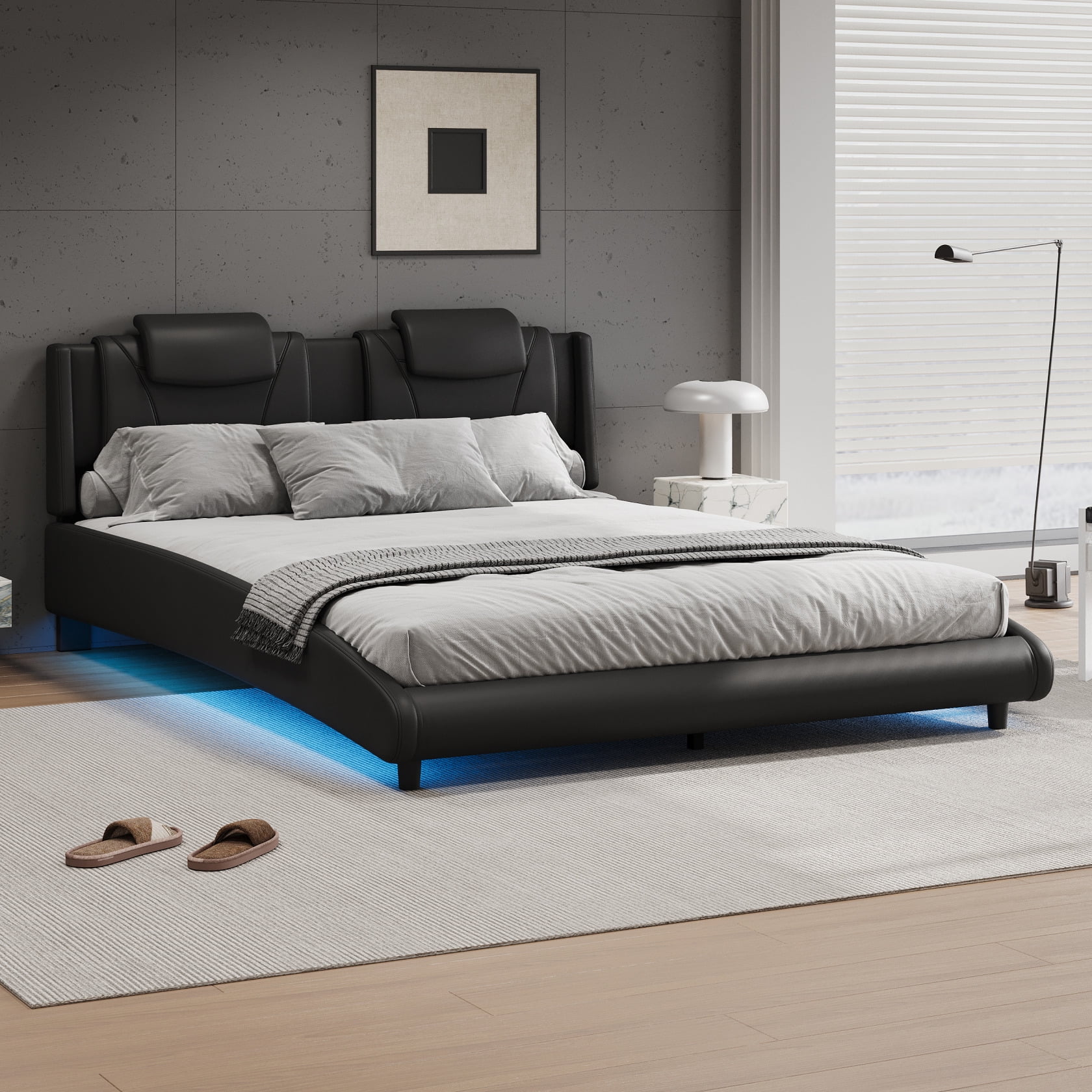 Queen Size Bed, Upholstered Platform Bed with LED Light and Adjustable ...