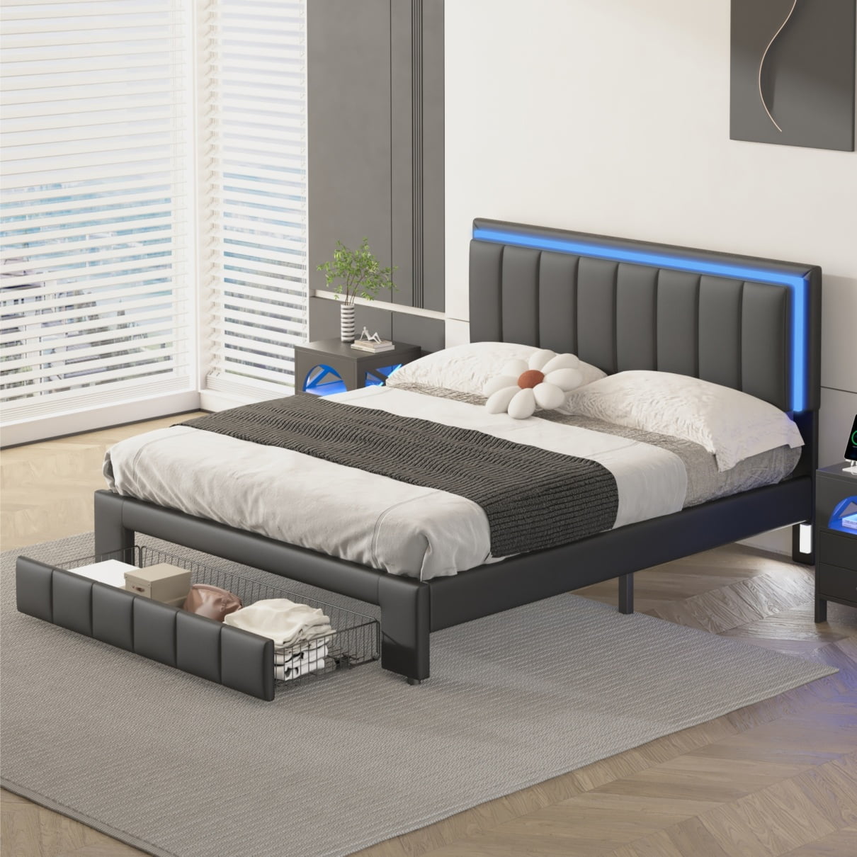 Queen Size Bed, Queen Size Upholstered Platform Bed with LED Lights and ...