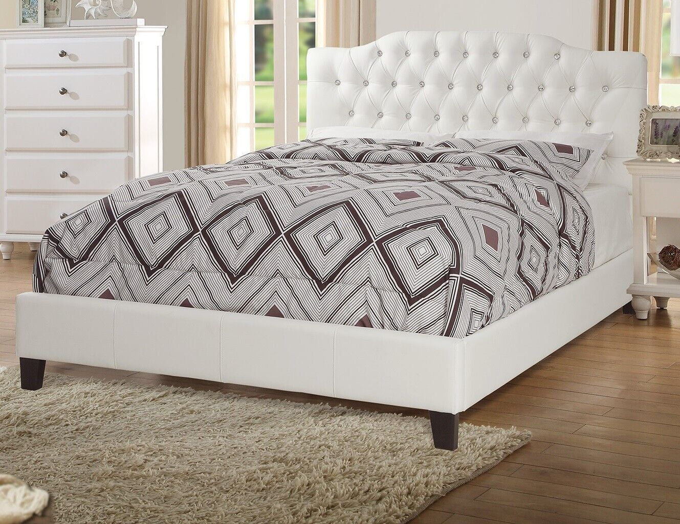 Queen Size Bed White Faux Leather Tufted Upholstered Headboard Platform ...