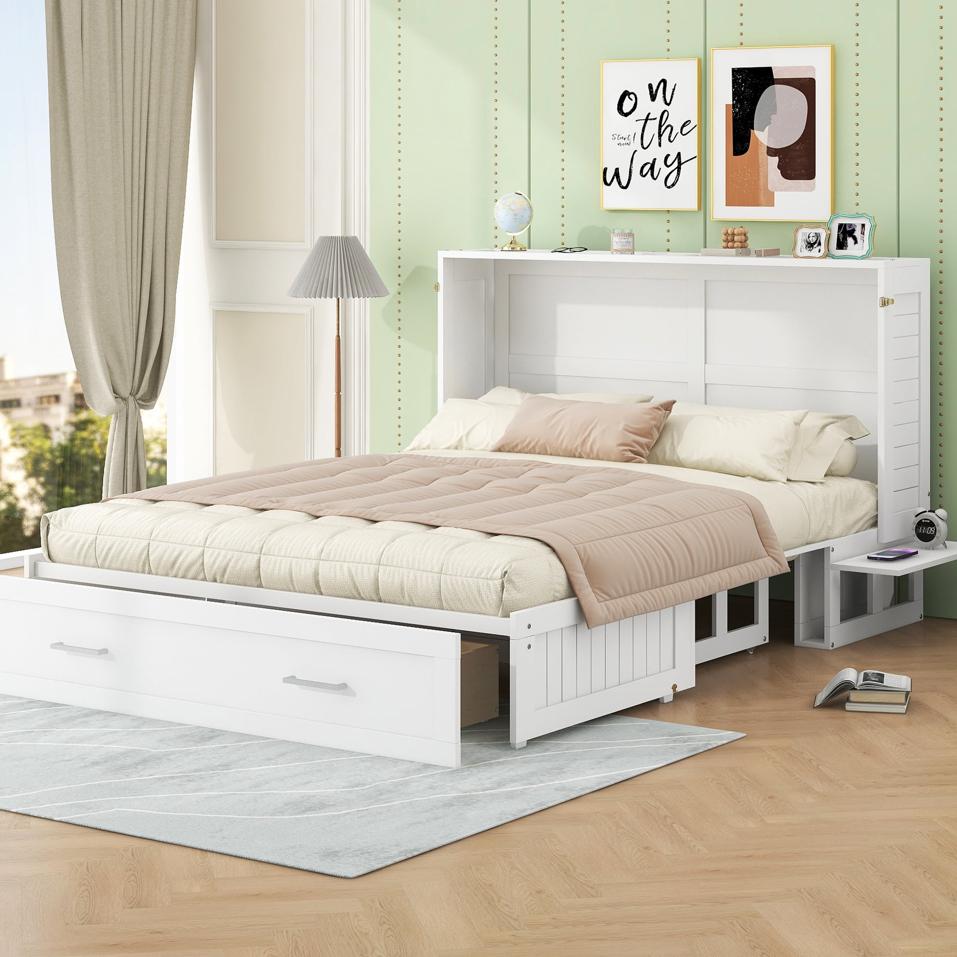 Queen Size Bed, White With Large Drawer And Handy Shelf Formation Bed ...